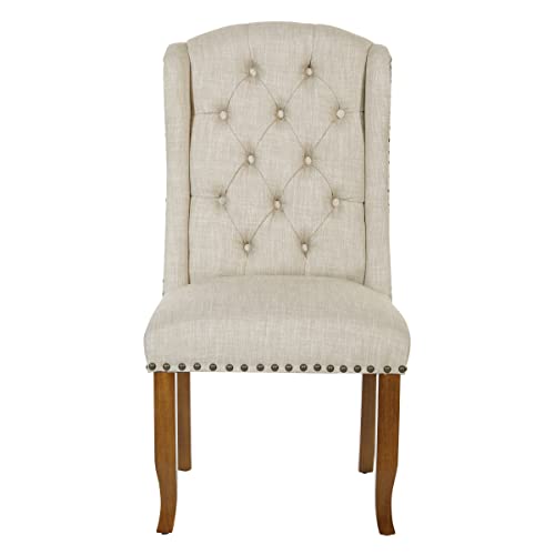 OSP Home Furnishings Jessica Button Tufted Wingback Upholstered Dining Chair with Wood Legs, Linen Fabric