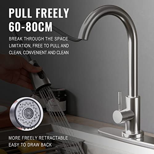 Single Handle High Arc Brushed Nickel Pull Out Kitchen Faucet, High Arc Stainless Steel Kitchen Sink Faucet, 3-Function Pull Out Kitchen Faucet, Kitchen Faucets with Pull Down Sprayer