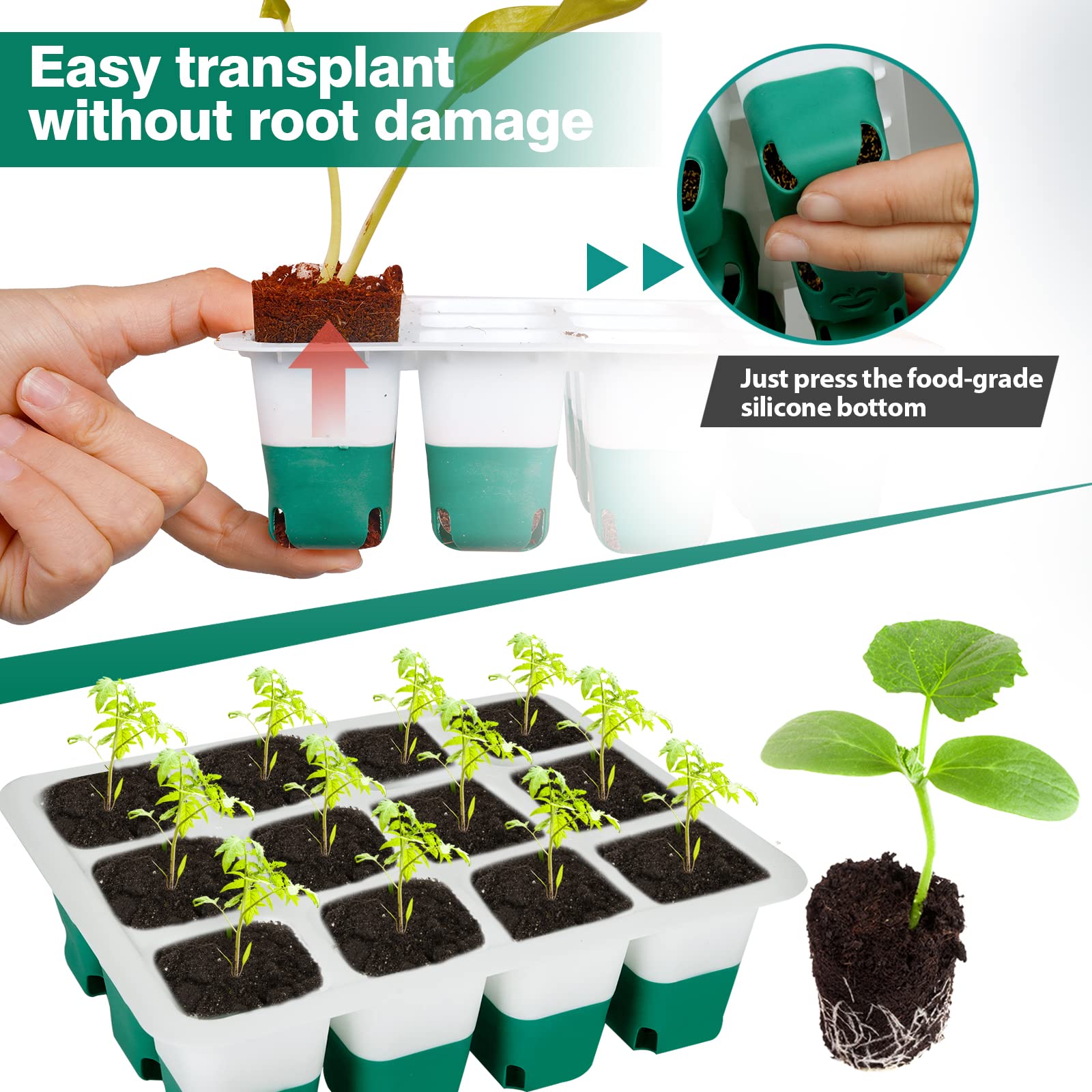 Patigrow 5 Pack Seed Starter Tray with Grow Light, Flexible Silicone 60 Cells Reusable Seed Starter Kit with Humidity Dome, Dishwasher Safe Seeding Starter Trays Indoor Greenhouse for Seed Starting
