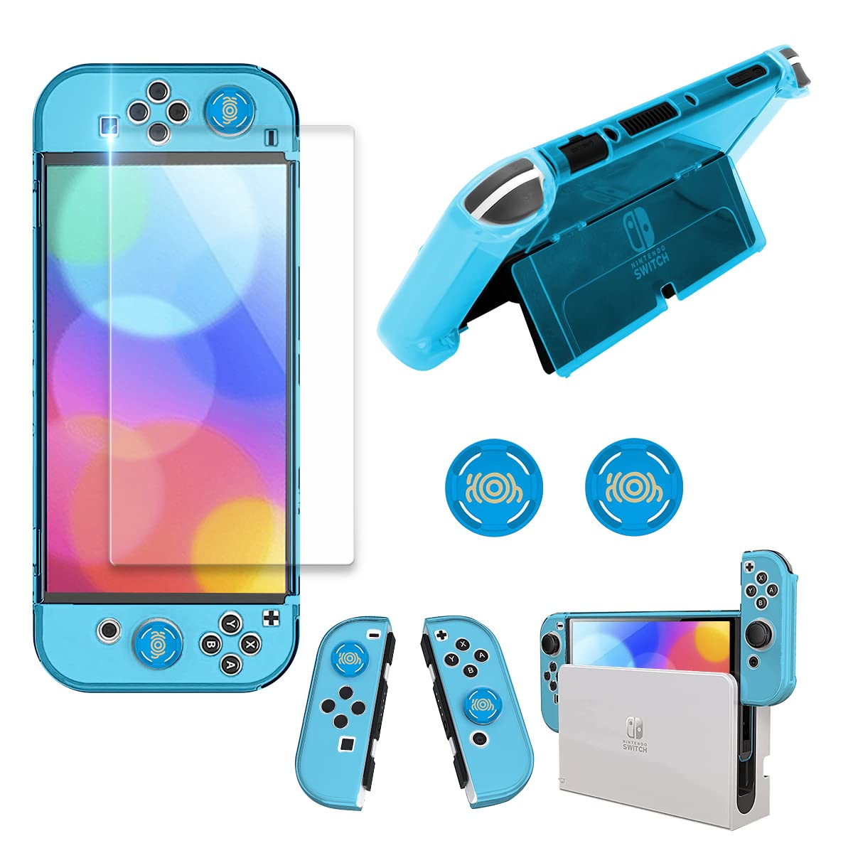 Switch Oled Case Clear Protective Case for Nintendo Switch Oled Model 2021, Dockable Flip Case for Switch Oled and Joy-Con Controller Grip Case with Screen Protector & 2 Thumb Grip Caps, Blue
