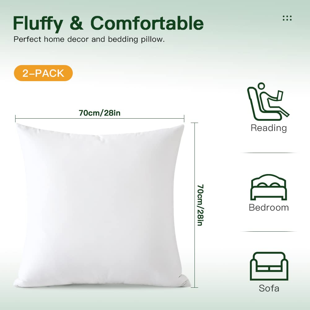 OTOSTAR Pack of 2 Down and Feather Throw Pillow Inserts, 28 x 28 Soft Fluffy Square Pillow Inserts with 100% Cotton Cover Decorative Pillows for Sofa Couch Bed-White