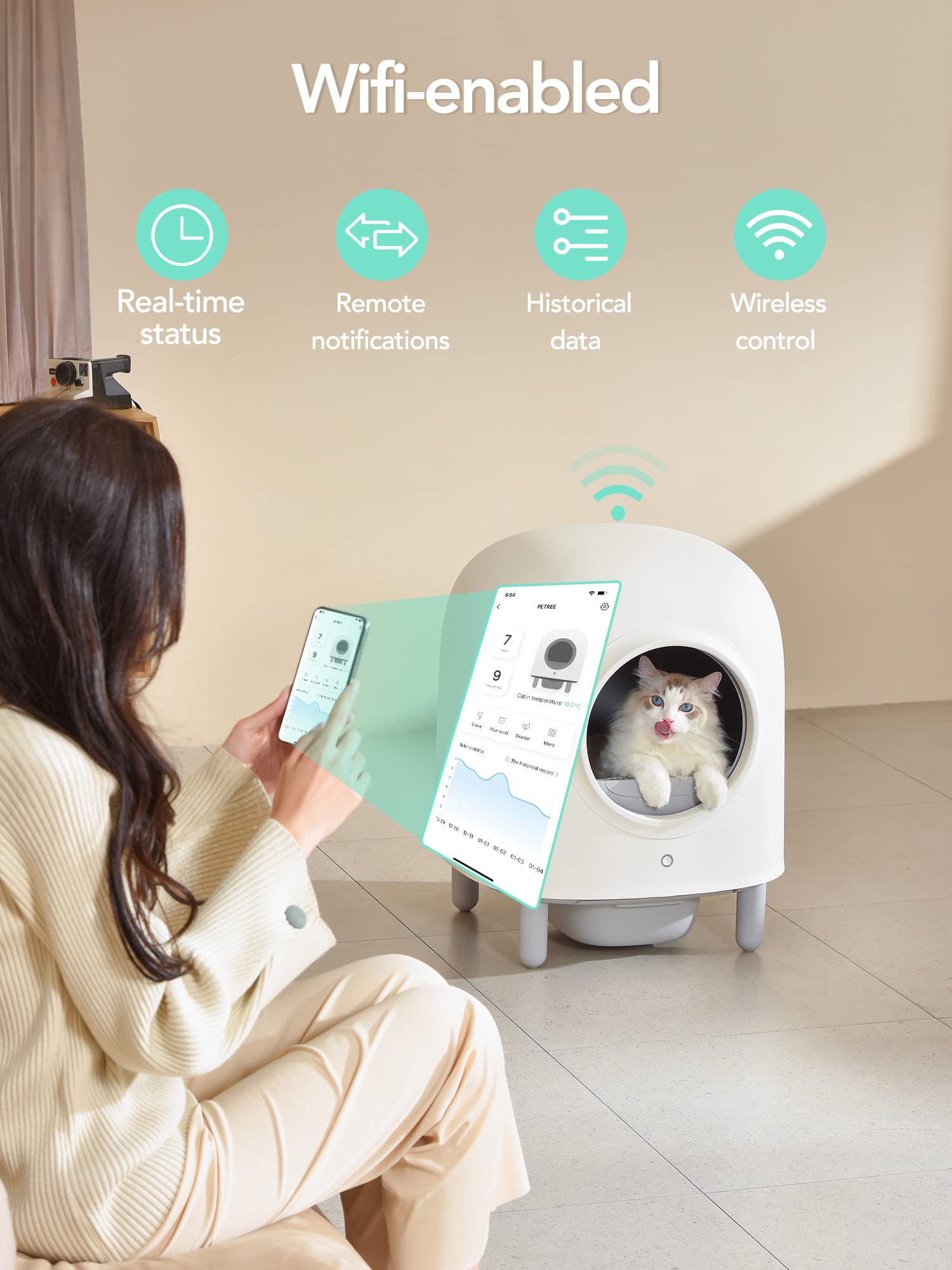 Petree Self Cleaning Cat Litter Box - The Game Changer for Cat Owners, Automatic Cat Litter Box with APP Control, 100% Safe, Odor Removal, Large Space for Multiple Cats