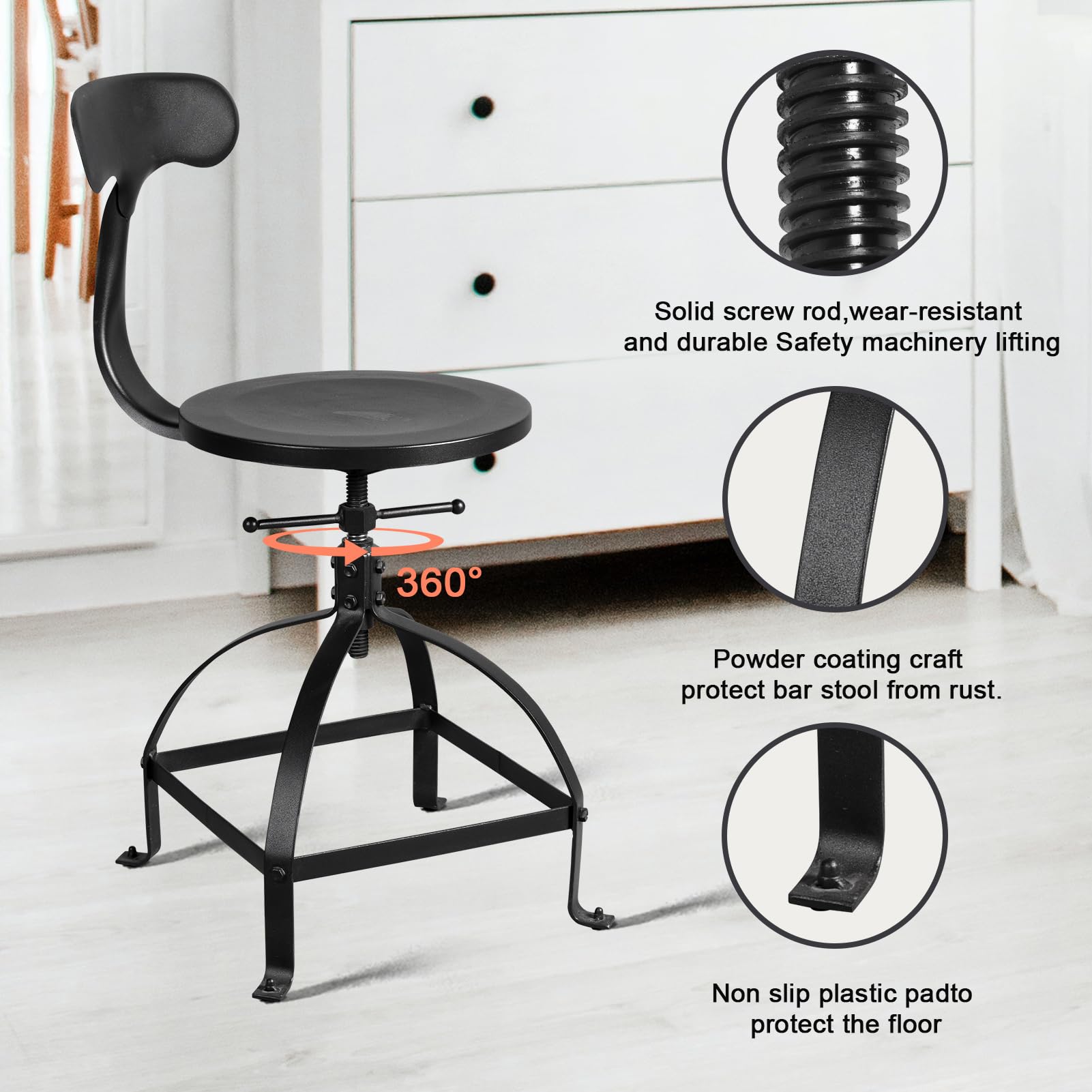 Patio Balcony Frontporch Bar Set, 3-Piece Bar Pub Table & Stools Set, Indoor-Outdoor, 27.5" Round Marble Top Garden Coffee Table 29.5" Tall, with 2 Adjustable Metal Backrest Stools, Space-Saving, Weld