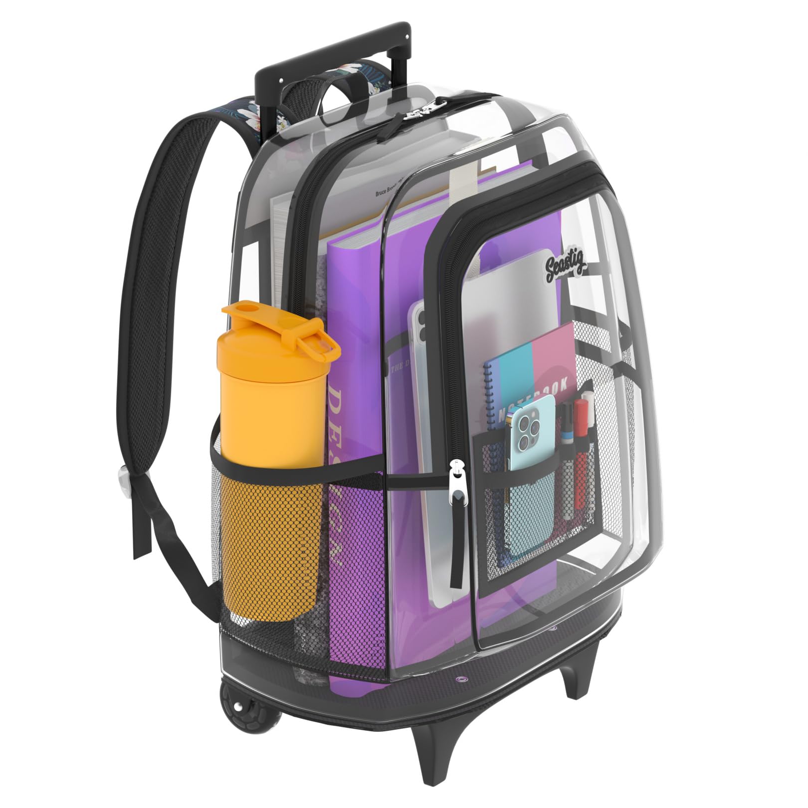 seastig Clear Backpack Rolling Backpack for Kids 18in Double Handle Wheeled Backpack Children Luggage for School, Travel