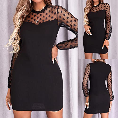 Women's Crewneck Mini Dress Polka Dot Mesh Long Sleeve Solid Color Zipper Stretch Dress
