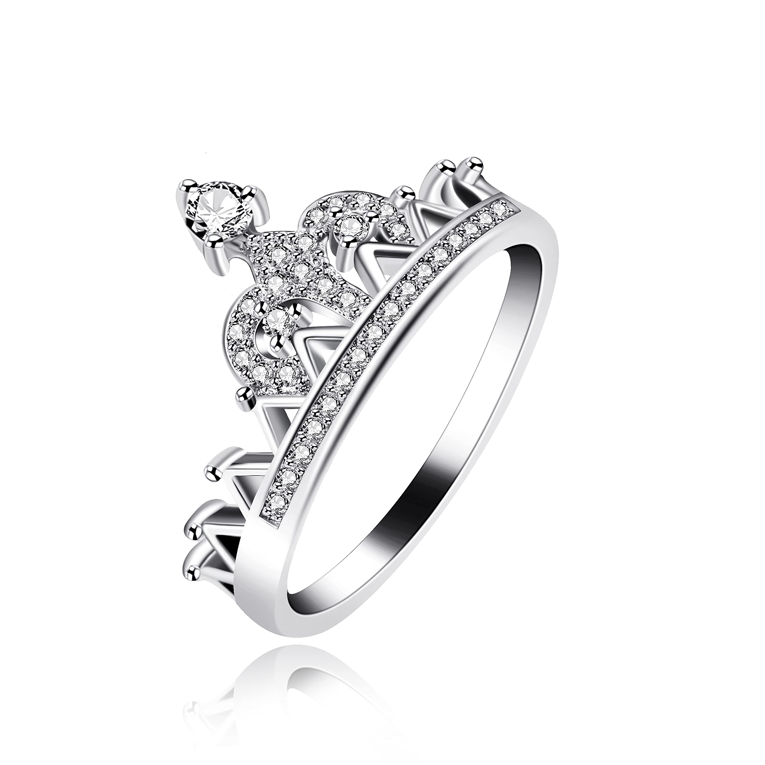 Uloveido Women Crown Tiara Rings Queen Exquisite Platinum Plated Princess Tiny CZ Accented Wedding Promise Bridal Rings (Platinum plated, 10)
