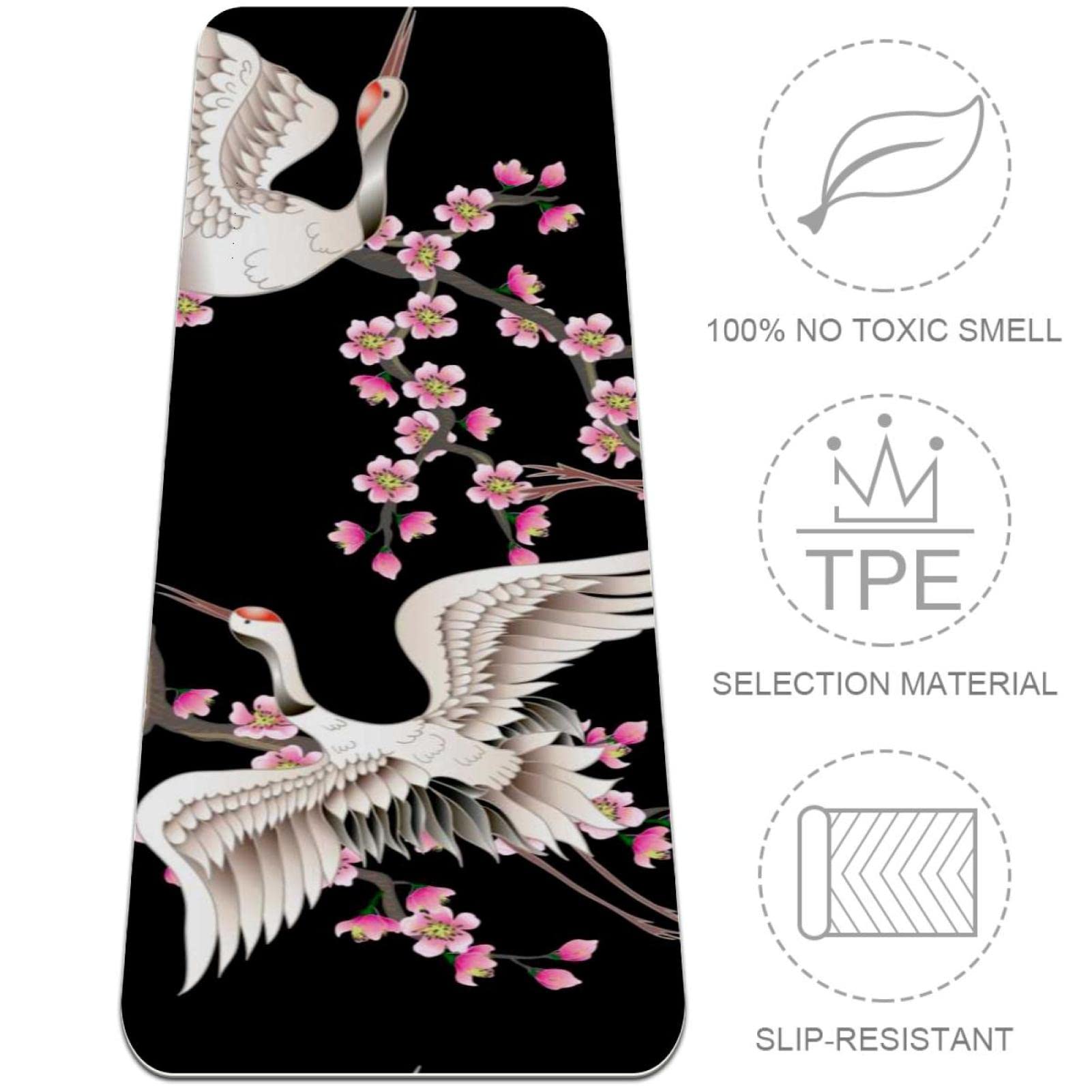 Yoga Mat, Yoga Mats for Home Workout, Workout Mat, Exercise Mats, Pilates Mat, animal bird crane pink flower black pattern