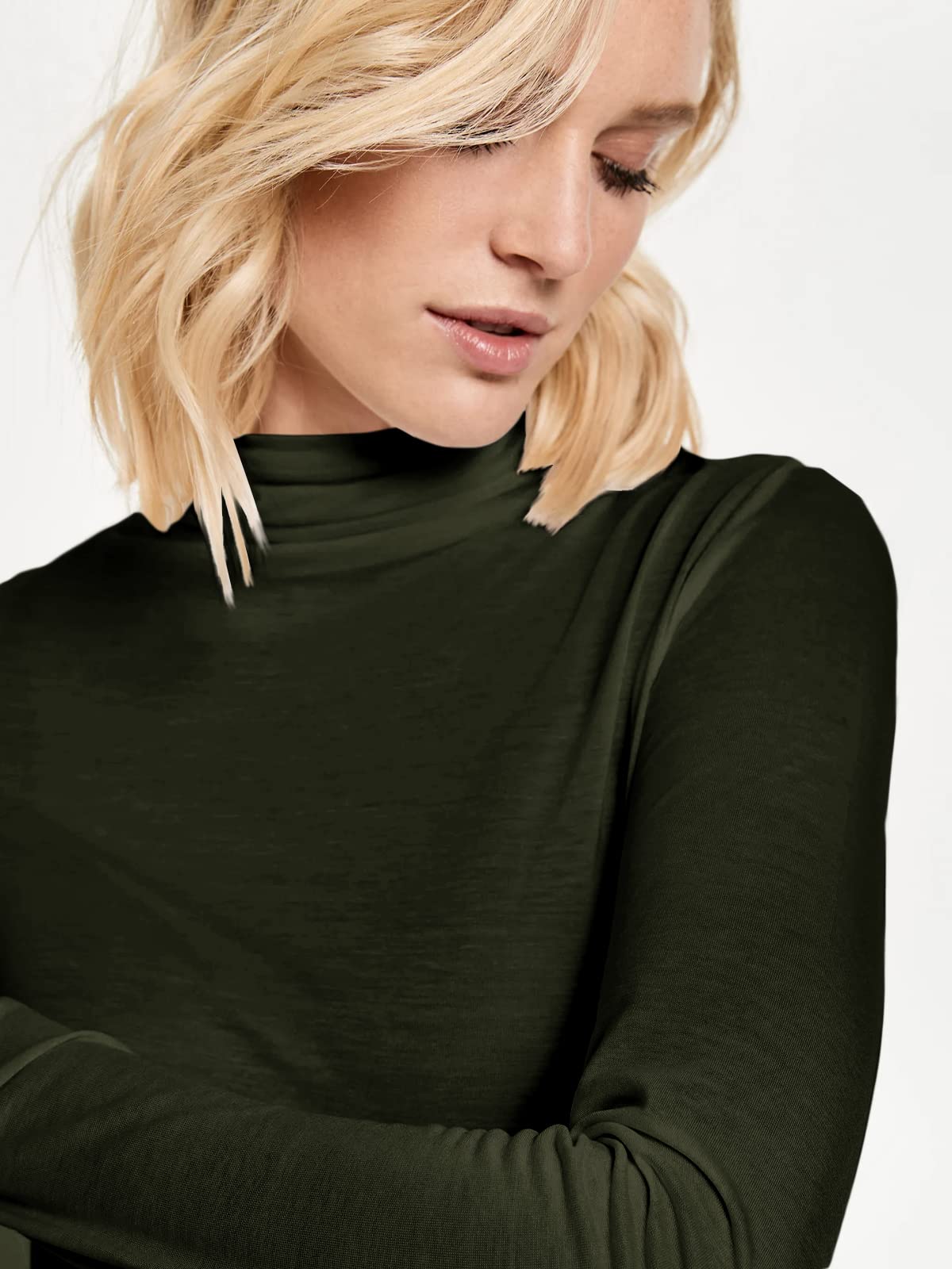 Womens Long Sleeve Turtleneck Tops Stretchy Slim Fit Base Layer Shirts Army Green