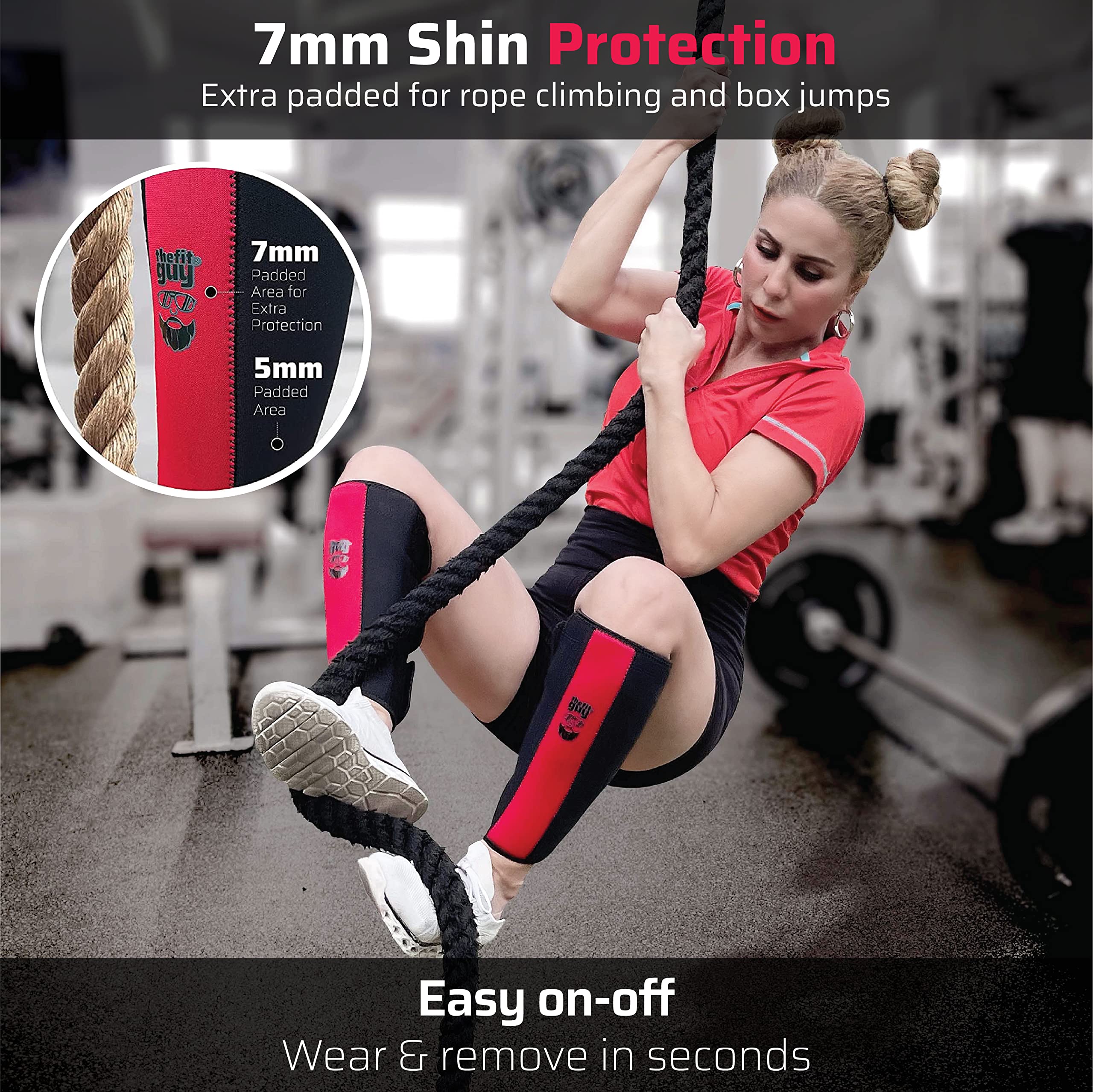 THEFITGUY Rope Climbing Shin Guards, 7mm Extra Padded Adjustable Sleeves for Rope Climbing, Box Jumps, Minimizing Rope Burns & Box Hits, EasyWear, No Need To Take Off Shoes, Wear On Skin, Pants (Pair)
