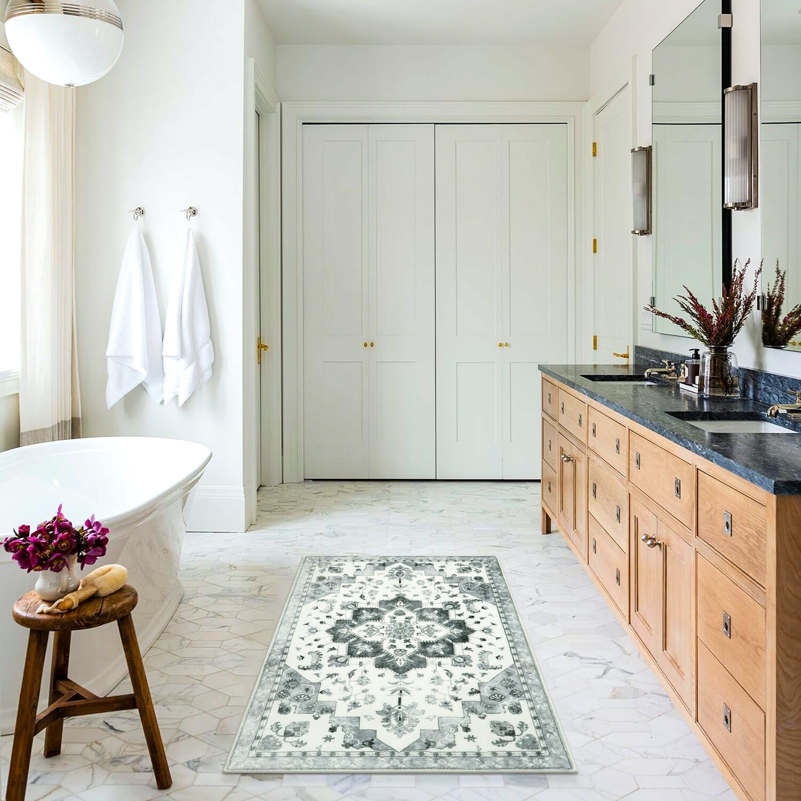 Seavish Boho Bathroom Rugs Non Slip 24"x36" Grey Throw Rugs with Rubber Backing Washable Bath Rugs for Bathroom Traditional Soft and Absorbent Bath Mat Low-Pile Floor Carpet for Laundry Bedside