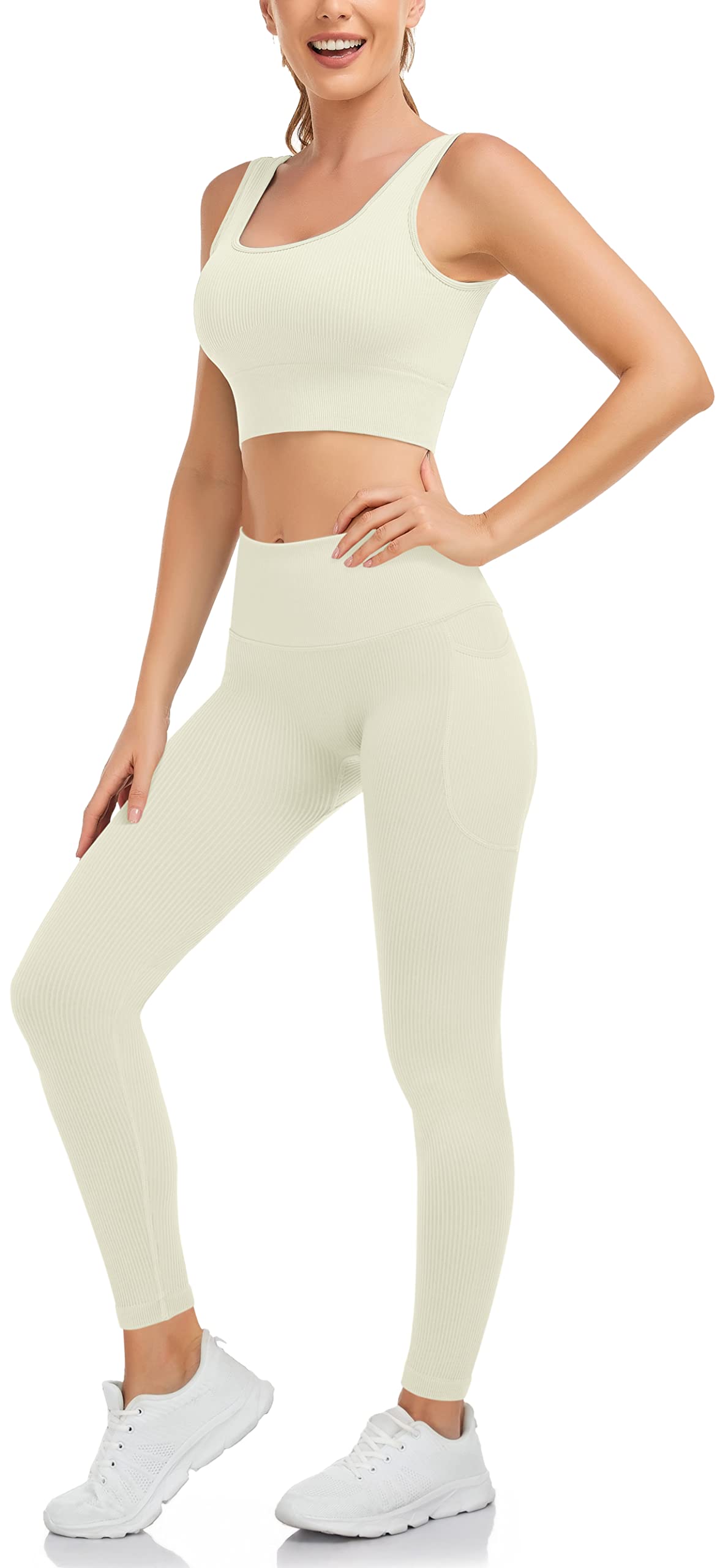 Women's Yoga Workout Seamless Sets with Ribbed,2 Piece Set with Ribbed Scooped Neckline Top