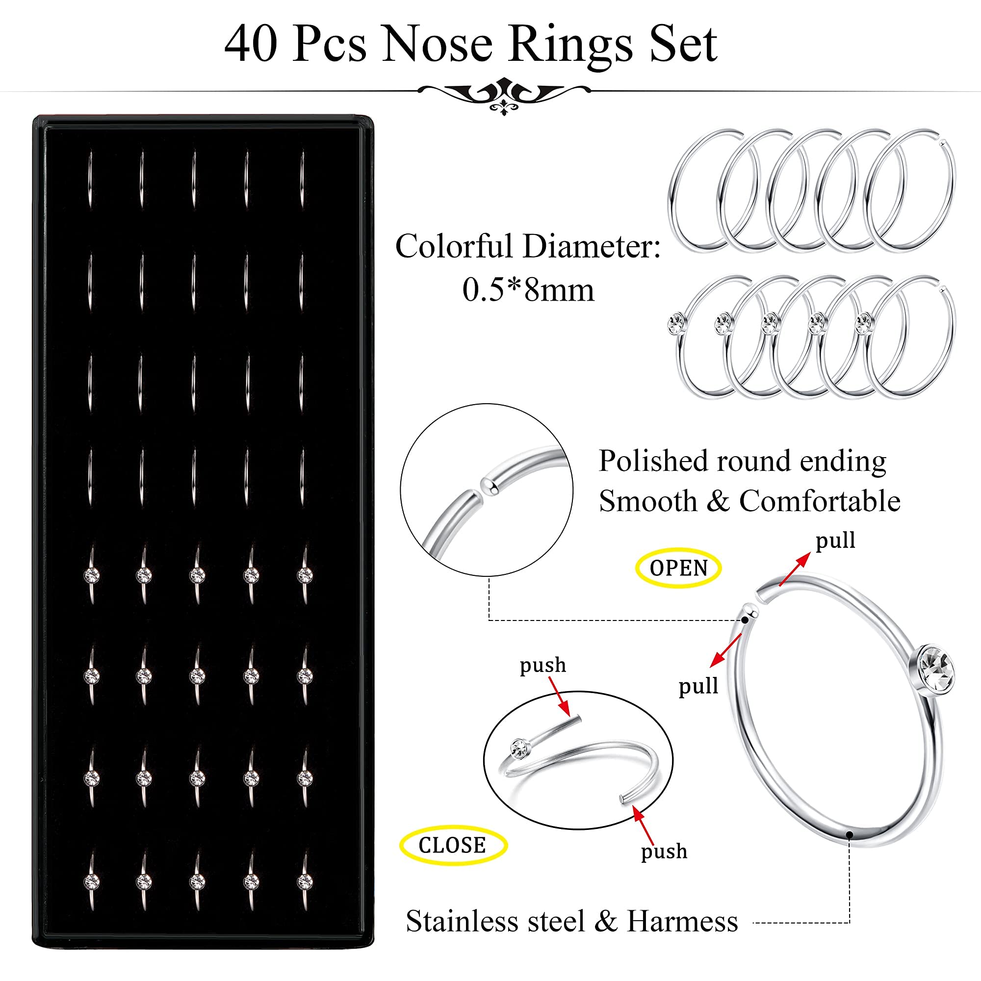 Ubjuliwa 160pcs 20G-22G 1.5mm 2mm 2.5mm Nose Studs Stainless Steel Nose Rings Studs Crystal Rhinestone Stud Nose Rings for Women Nose Piercing Jewelry