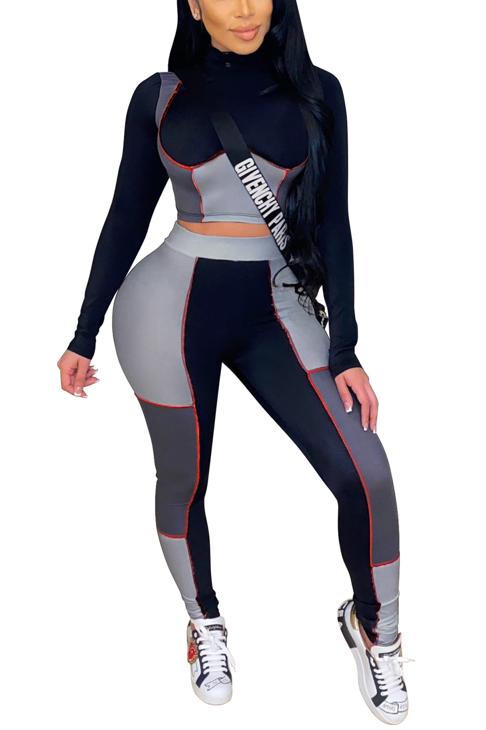 Women Two Piece Casual Sweatsuit- Bodycon Jumpsuit Patchwork Color Block Crop Top Pant Yoga Set Jogger Tracksuit Grey