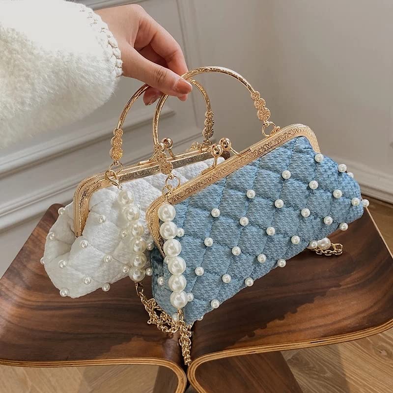 ZHUHW Evening Bag Women Pearl Chain Shoulder Handbag Wedding Metal Handle Design Clutch Bag Diamond Lattice Solid Purse (Color : Blue, Size : 1)