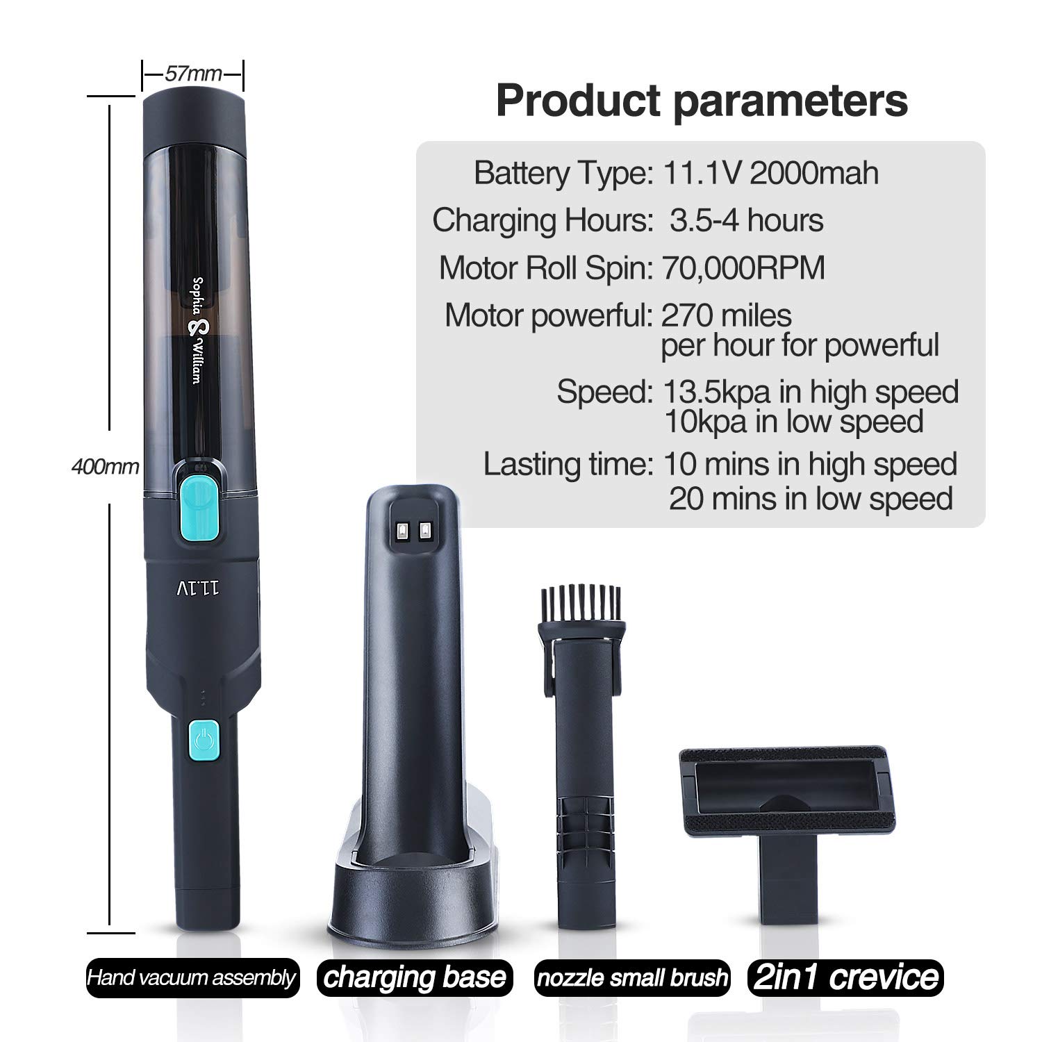 Sophia & William Portable Handheld Car Vacuum 13.5kpa - 1.1 lb Hand Vacuum Rechargeable Vacuum Cleaner Cordless