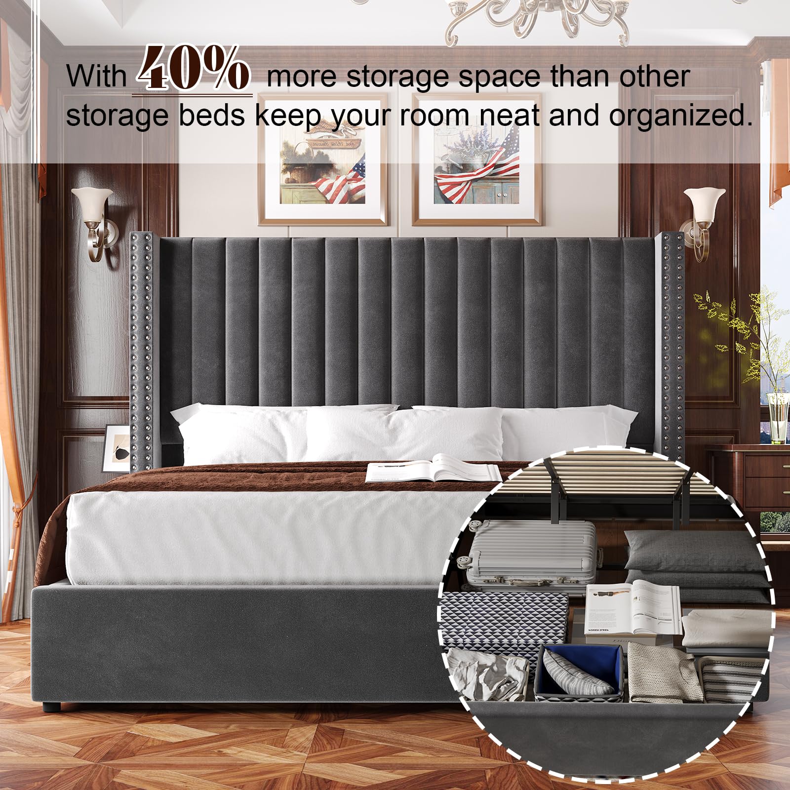 PaPaJet Queen Size Velet Upholstered Bed Frame Lift Up Storage Bed, Morden Wingback Bed Frame Platform with Storage Underneath/No Box Spring Needed/Easy Assembly/Grey