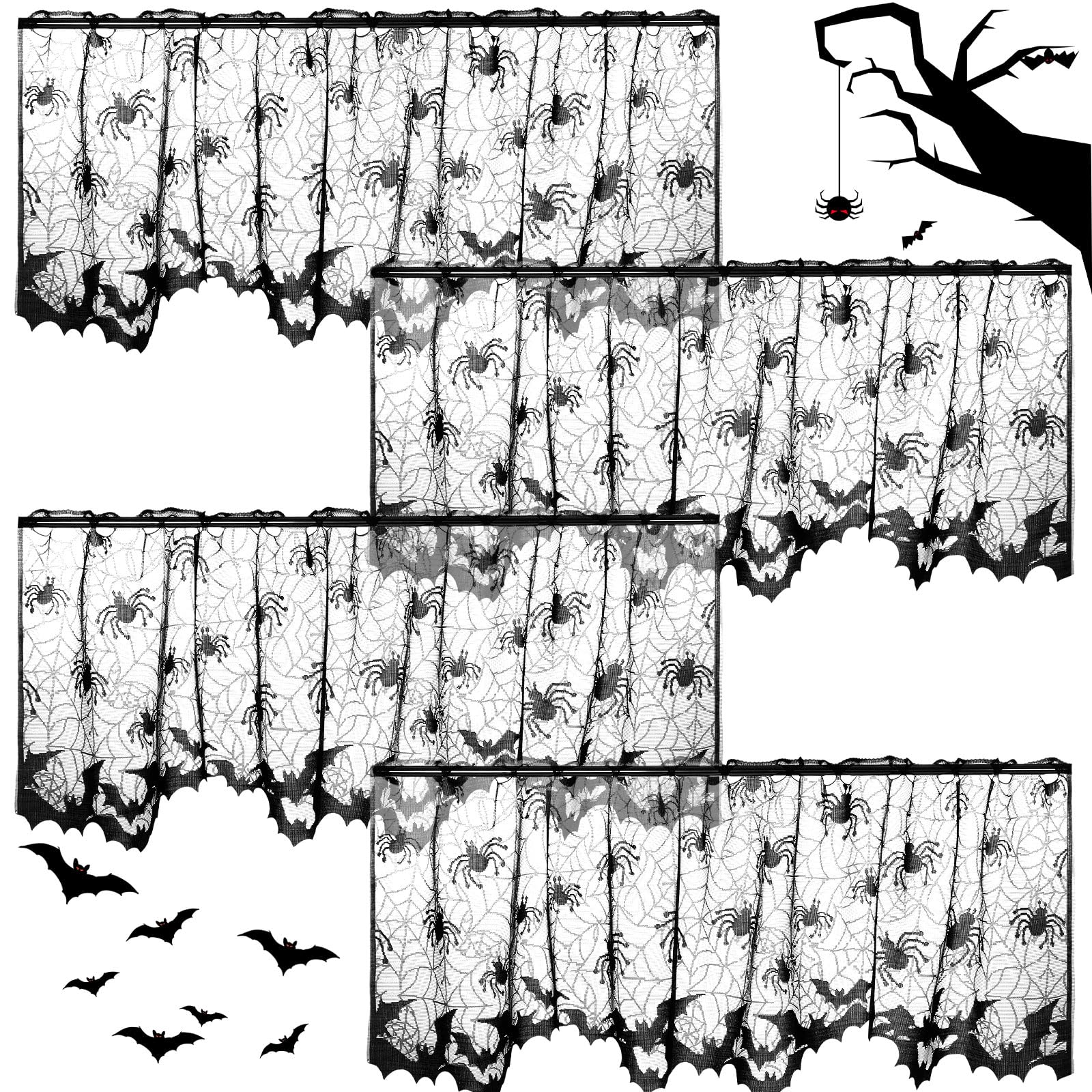 Preboun 4 Pcs Halloween Goth Valance Curtains Kitchen Decor Black Lace Skull Bat Gothic Spooky Witchy Short Shower Curtains Room Decoration for Halloween Party Supply