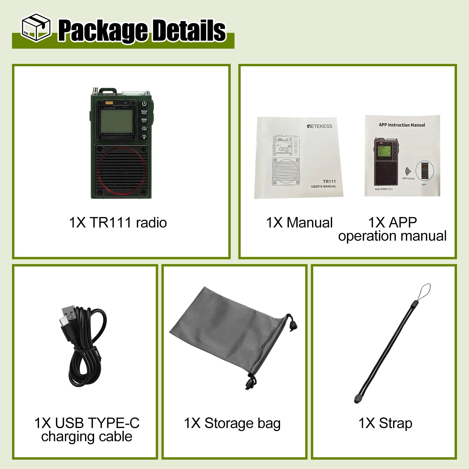 Retekess TR111 Shortwave Radio, Pocket Radio with Bluetooth, AM FM SW VHF WB Radio with APP Control, TF, Recording, Clock, Alarm, Sleep Timer, SOS, Flashlight
