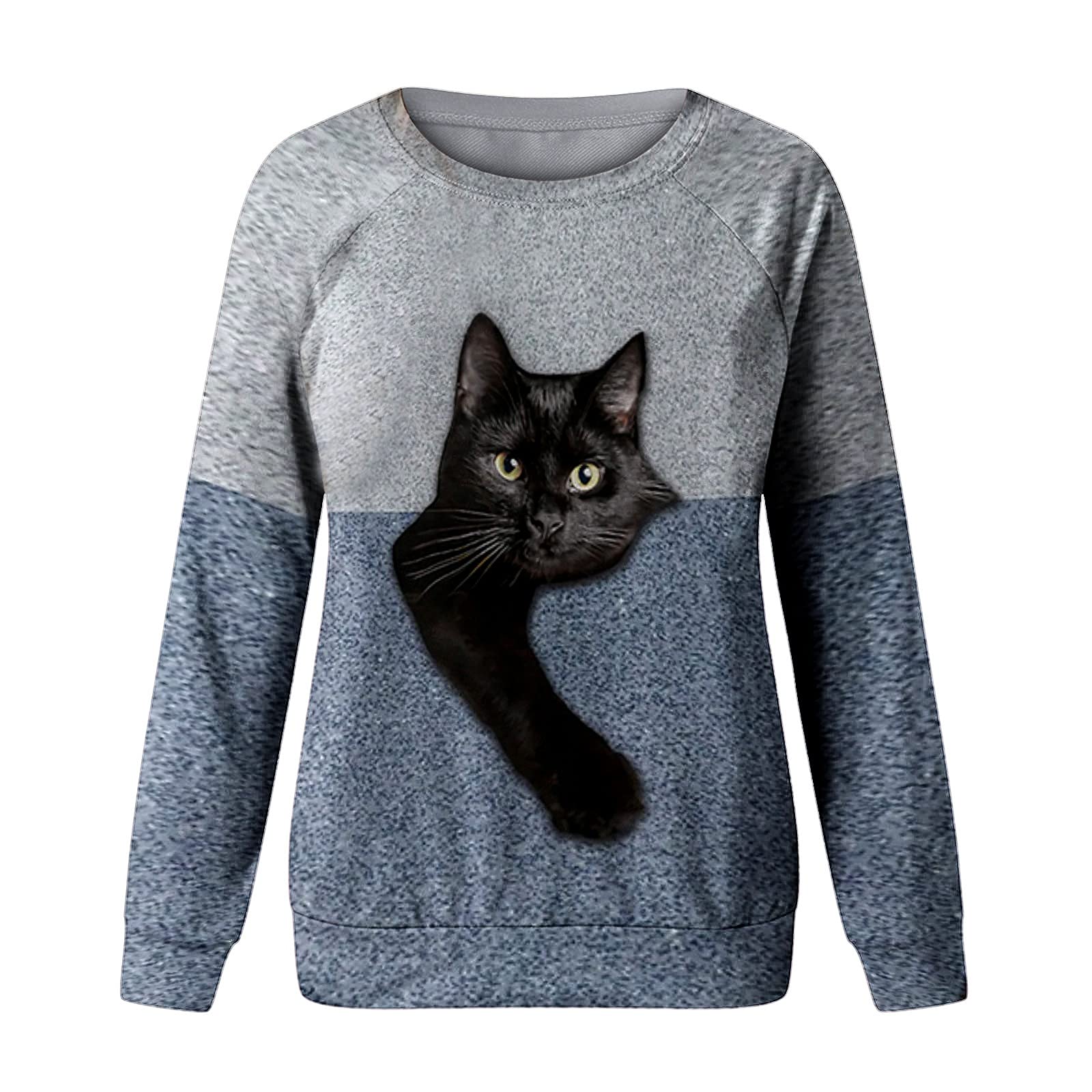 Womens Funny Cat Print Lightweight Sweatshirt Casual Long Sleeve Crewneck Pullover Top Cute 3D Graphic Cat Lover Shirt