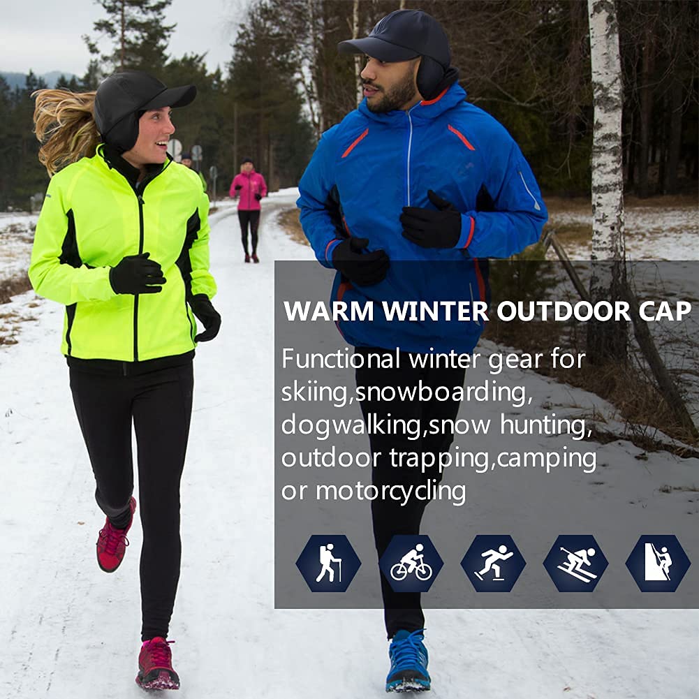 Womens Winter Baseball Cap with Earflaps Fleece Lined Warm Waterproof Hat Mens Outdoor Adventure Adjustable Cap
