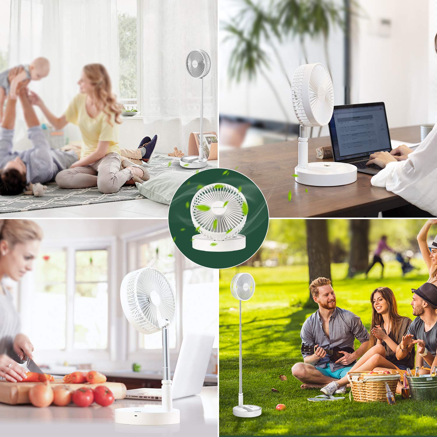 SmartDevil Stand Fan, 2-in-1 Multi-Purpose Folding Portable Telescopic Floor/USB Desk Fan with Remote Control, 4 Speeds Adjustable with 7200 mAh Battery, for Home, Office, Travel, Camping (White)