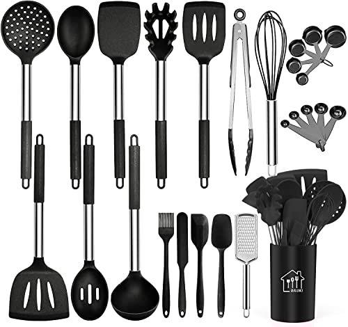 Silicone Cooking Utensil Set,Kitchen Utensils 26 Pcs Cooking Utensils Set,Non-stick Heat Resistant Silicone,Cookware with Stainless Steel Handle (Sable)