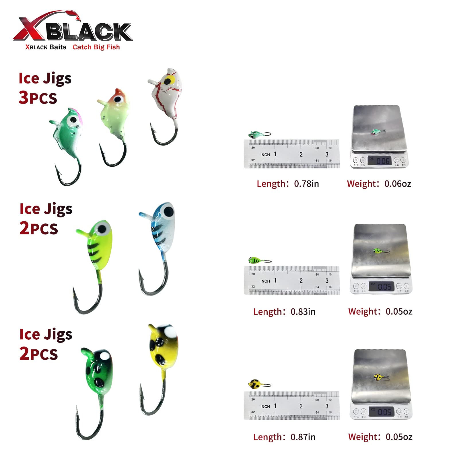 XBLACK Ice Fishing Jigs Kit Ice Fishing Lures 55PCS for Beginner Starter, XBLACK Baits, Catch Big Fish!