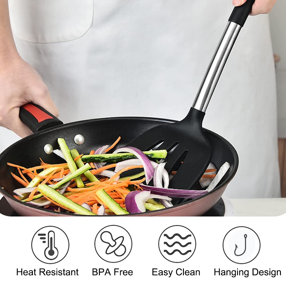 Silicone Cooking Spatulas and Spoons, 5 Pack Heat Resistant Solid & Slotted Silicone Cooking Utensils Set, Non Stick Large Kitchen Silicone Spatula and Spoons for Cooking, Mixing, Serving, Draining
