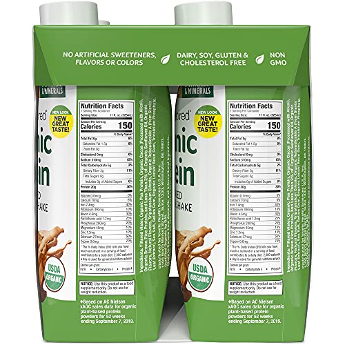 Purely Inspired Ready to Drink Organic Protein Shake, Decadent Chocolate (12 Pack) - Plant-Based RTD Nutritional Protein Drinks - Zero-Sugar & Gluten-Free Meal Replacement Drink Liquid Protein