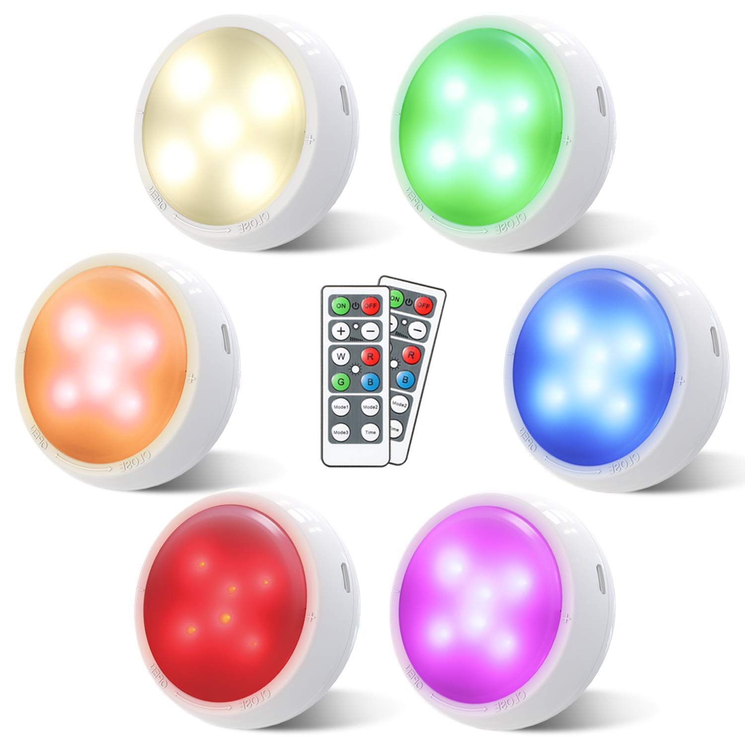 Puck Lights with Remote, OxyLED Wireless Color Changing LED Cabinet Lights with Timing, Battery Powered Tap Lights, Dimmable Closet Light, Night Light for Kids' Bedroom, Wardrobe, Kitchen (6 Pack)