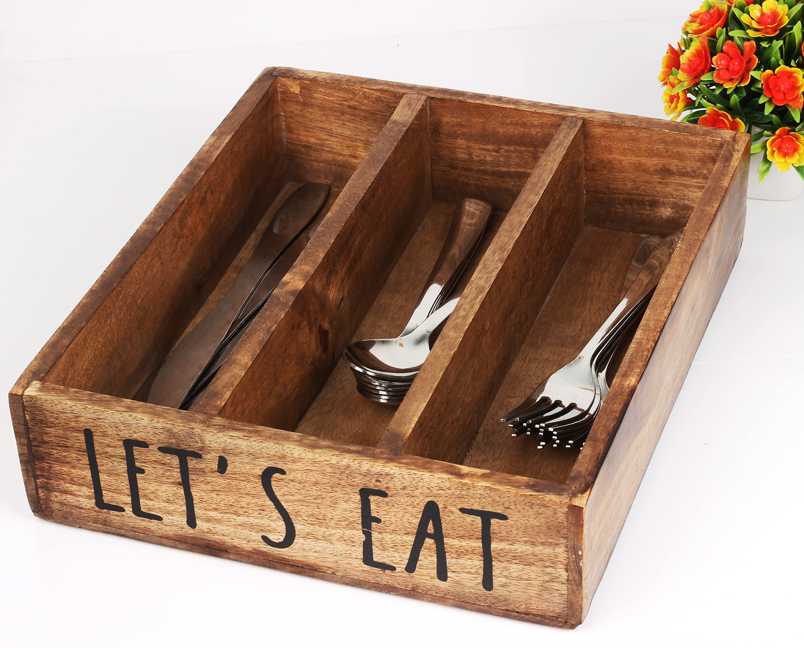 TrendBell Wooden Kitchen Drawer Organizer Fir Wood Cutlery Silverware Tray Organizer with 3 Compartments, Decorative Utensil Holder for Flatware, Knives, Forks, Spoons