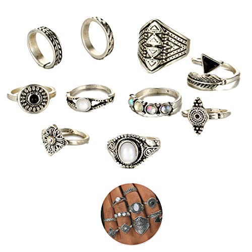 Salliy Boho Rings Set Silver Rings Joint Knuckle Finger Rings Stackable Rings Jewelry for Women and Girls (C)