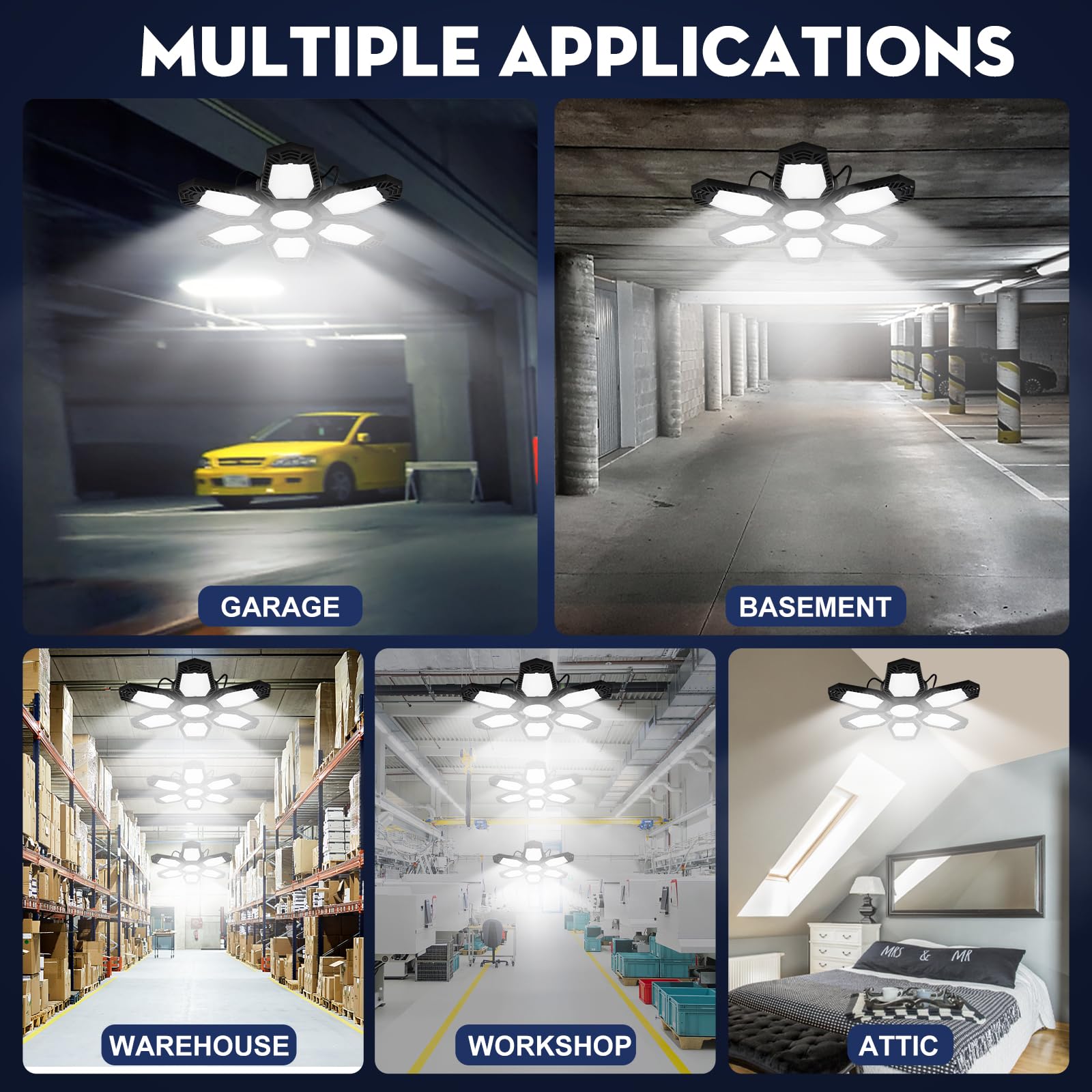 OUSHASAA 4-Pack 150W LED Garage Lights Ceiling, 15000LM 6500K Bright LED Shop Lights, Deformable E26/27 Screw in Garage Lights with 6+1 Adjustable Panels for Workshop, Basement, Barn, Warehouse