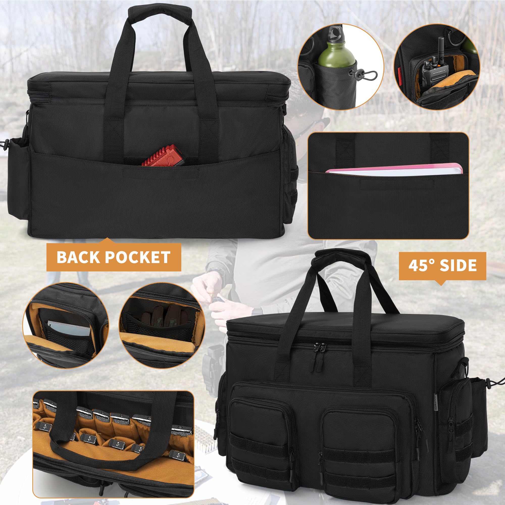 OUUTMEE Tactical Pistol Range Bag with 4 Pistol Cases, Shooting Duffle Range Pistol Bag with 5 Compartments, Multiple Magazine Slots and Extra Pockets for Ammo and Essentials