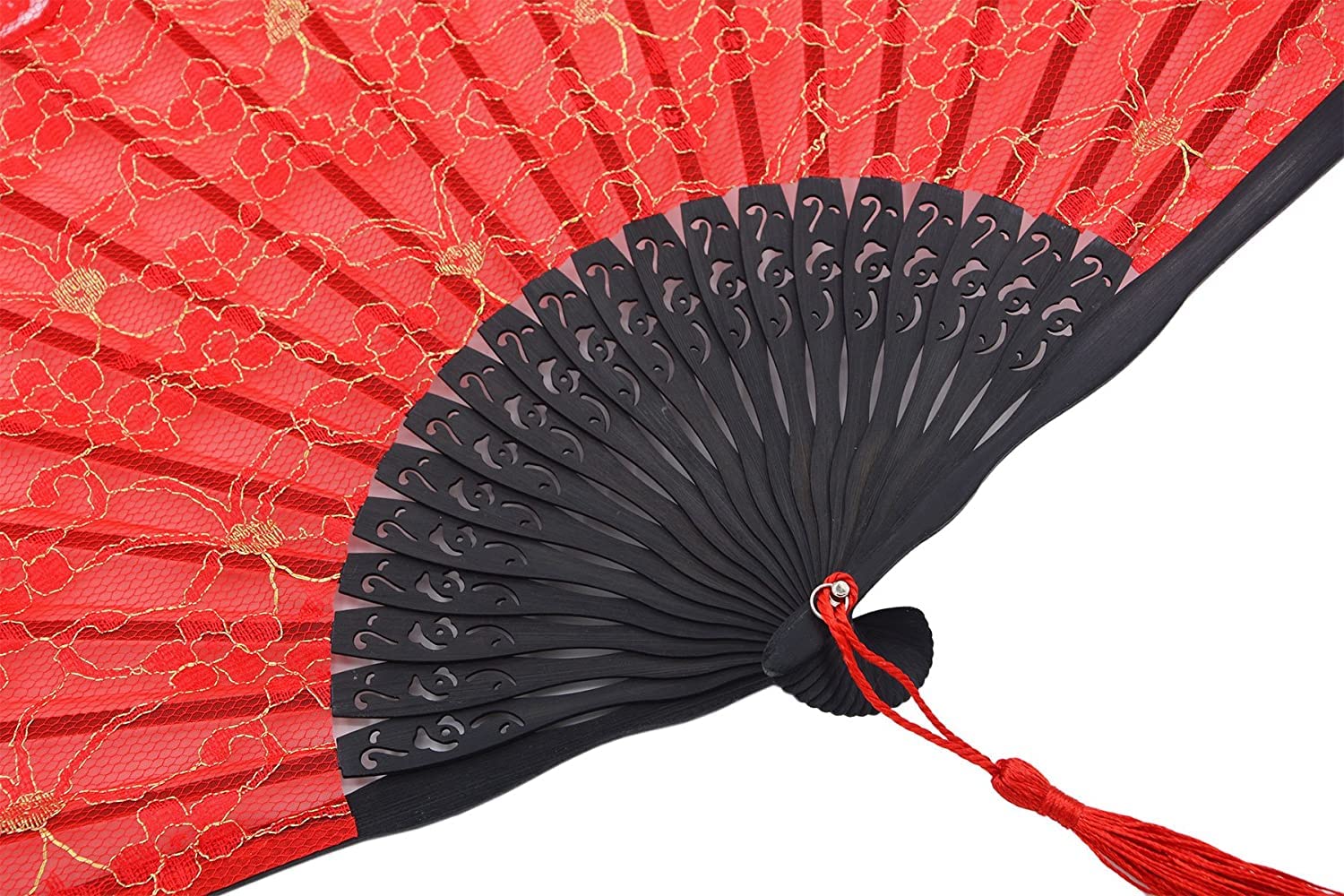 Womens Multi Color Handmade Cotton Lace Folding Hand Fan (Black-A) (Red-a)