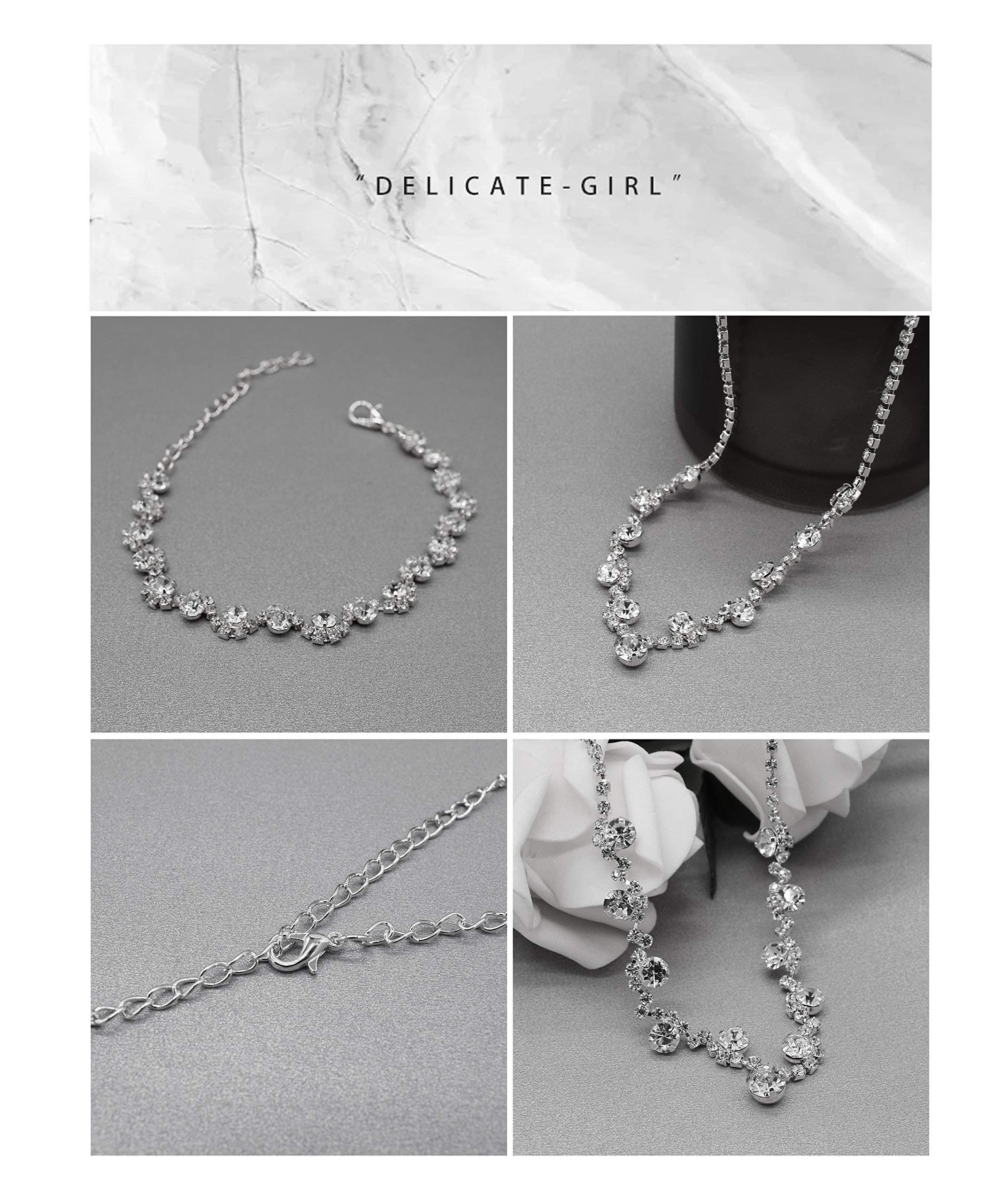 UDYLGOON Crystal Necklace Earrings Bracelet Jewelry Set Bride Bridesmaid Wedding Prom Party (Silver)