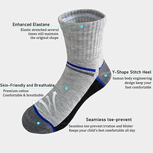 Tsmollyu Boys Socks 15 Pairs Half Cushioned Cotton Athletic Socks For Big Little Kids 2-14 Years(7-10 Years)