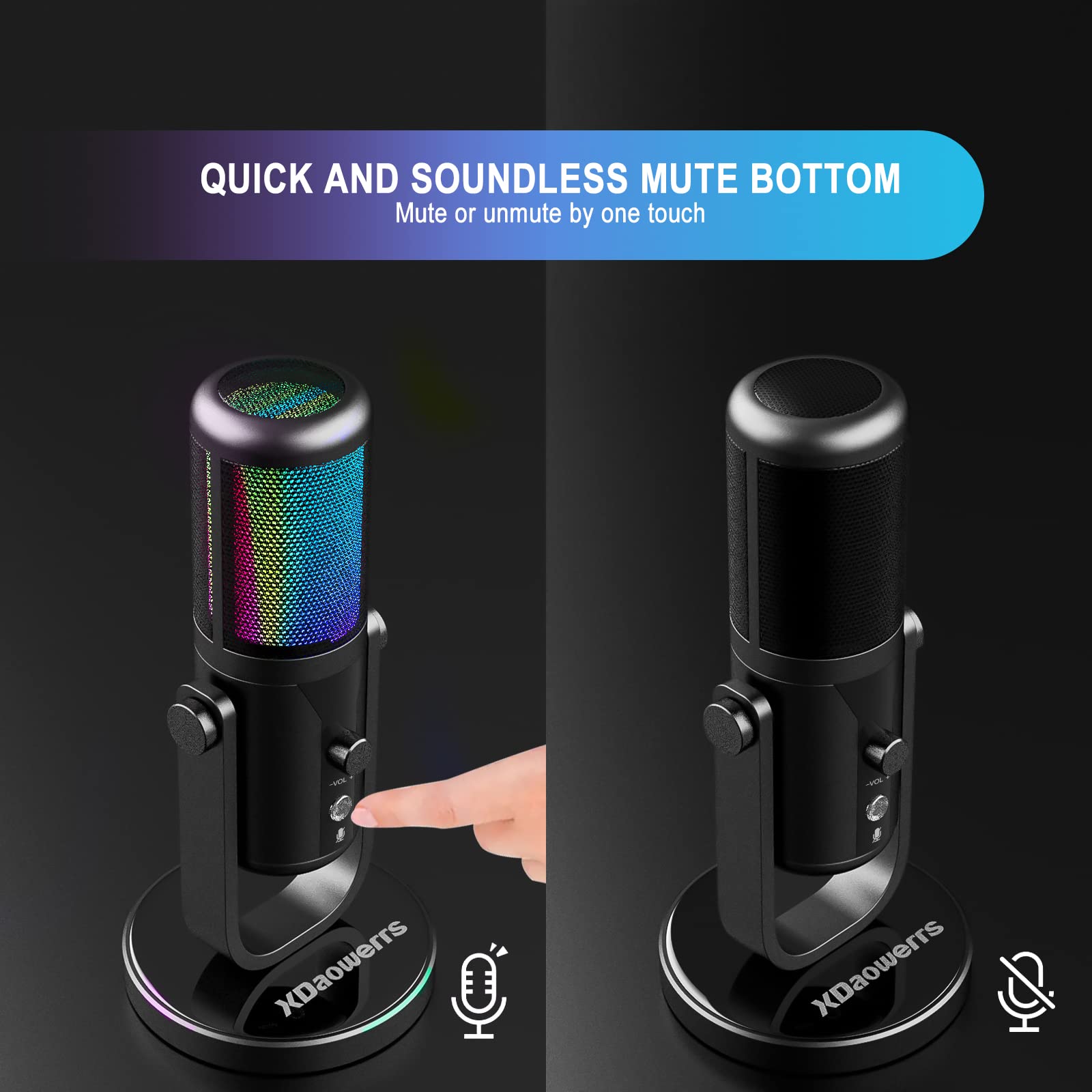 XDaowerrs Gaming RGB USB Condenser Microphone, 192KHZ/24Bit Plug & Play Mic for PC, PS4 and Mac, Cardioid Pickup Pattern, Quick Mute, Gain Control, Streaming, Podcasts, Twitch, YouTube, Discord