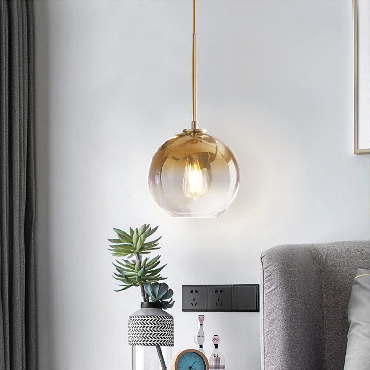 PULEE Modern Globe Pendant Light 1-Light Gradient Shade Glass Hanging Lamp Mid Century Hanging Light Fixture Adjustable Indoor Pendant Lamp for Dining Room Bedroom Kitchen (gold-20)