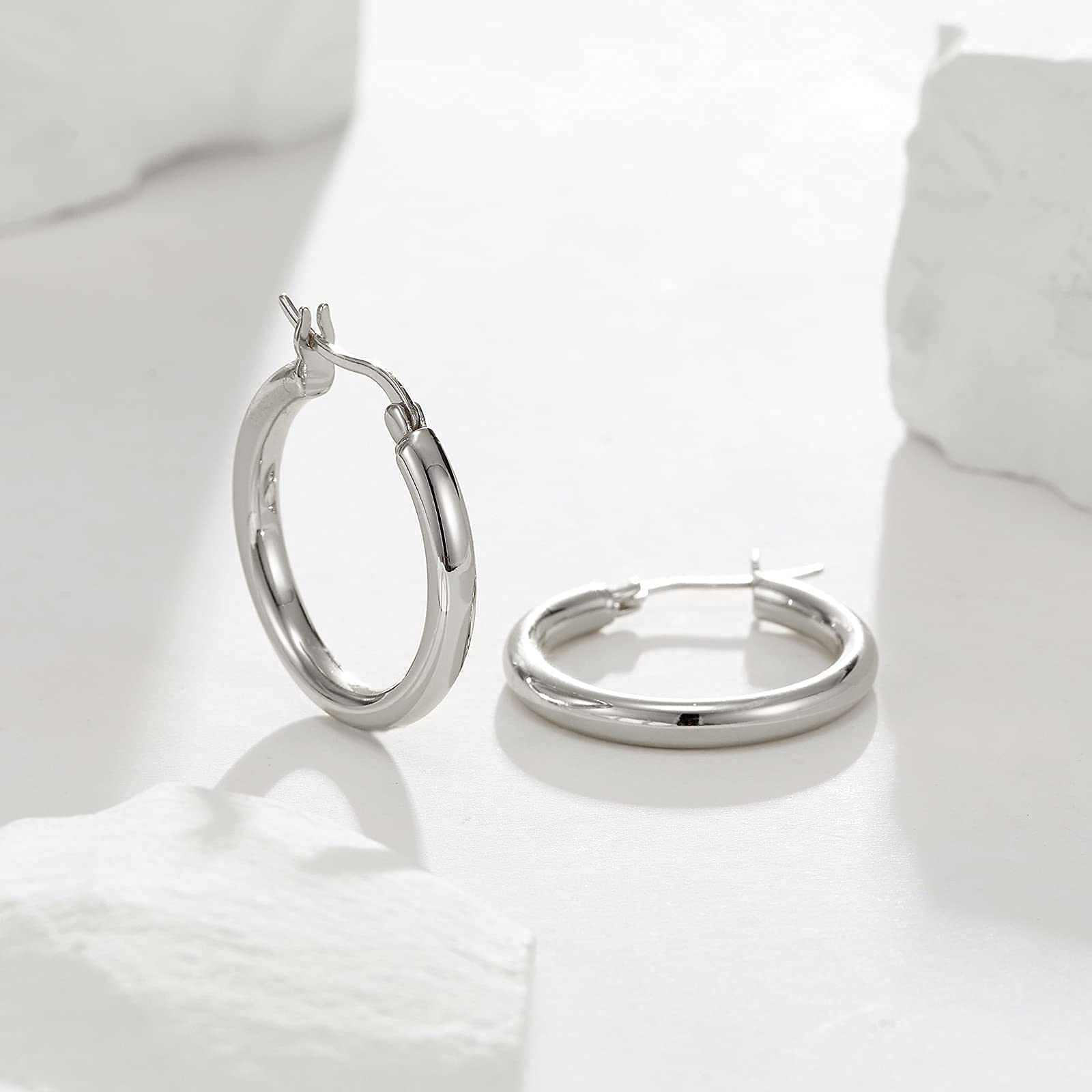 SWEETV Sterling Silver Earrings Chunky Hoop Earrings for Women 25MM Polished Huggie Earrings for Sensitive Ears