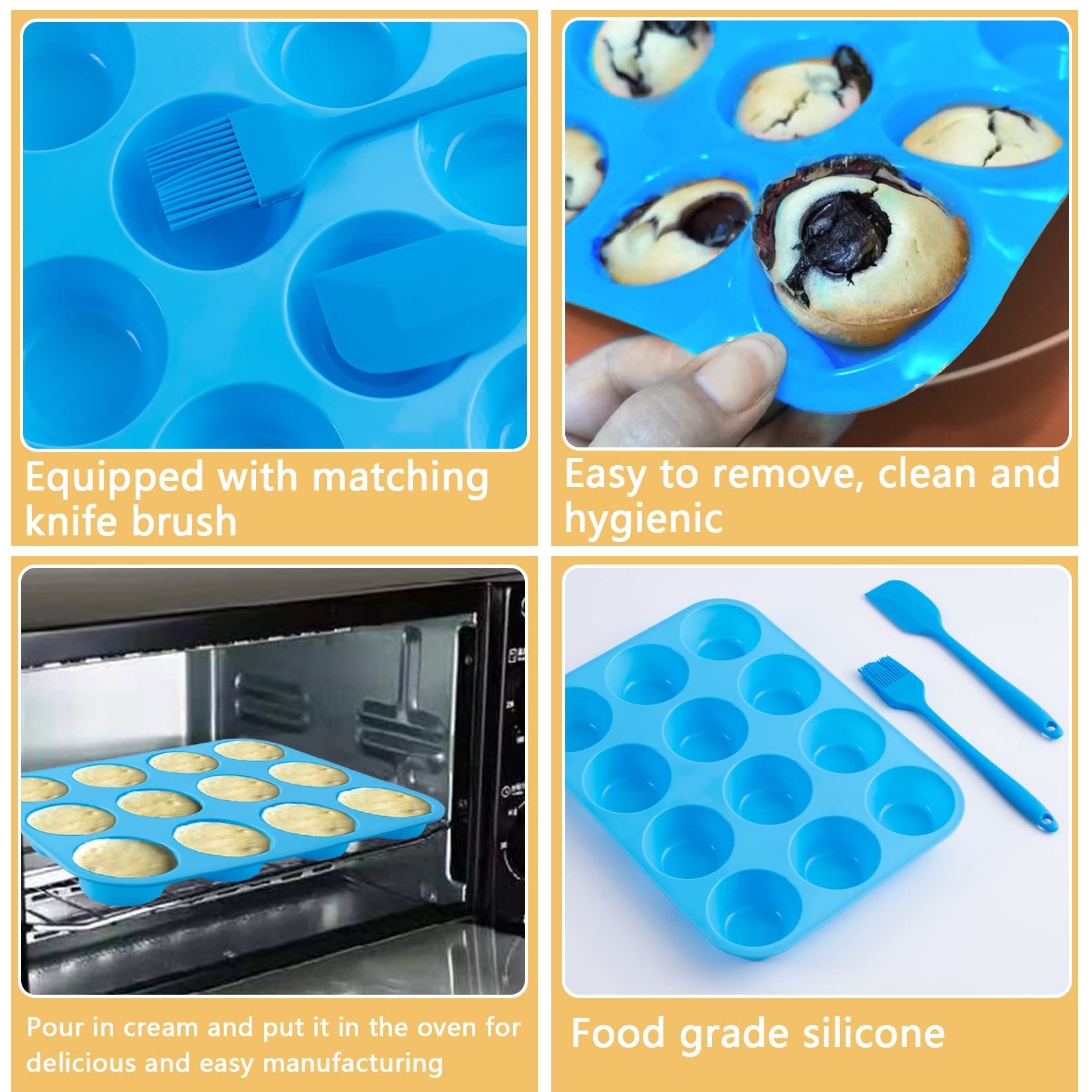 Silicone Muffin Pan, Set of 2 Non-Stick Cupcake Pans 12-Cup & Mini Muffin Pan 24-Cup, with Bonus Silicone Brush and Spatula(Blue)