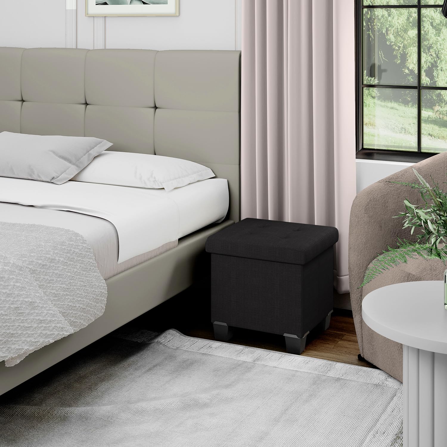 Storage Ottoman Cube with Storage Bin, 15-In Square Ottoman with Storage for Living Room and Bedroom, Small Ottoman Foot Rest, Foot Stools Ottoman, Storage Chest Max 330lbs, Linen Fabric Black Ottoman