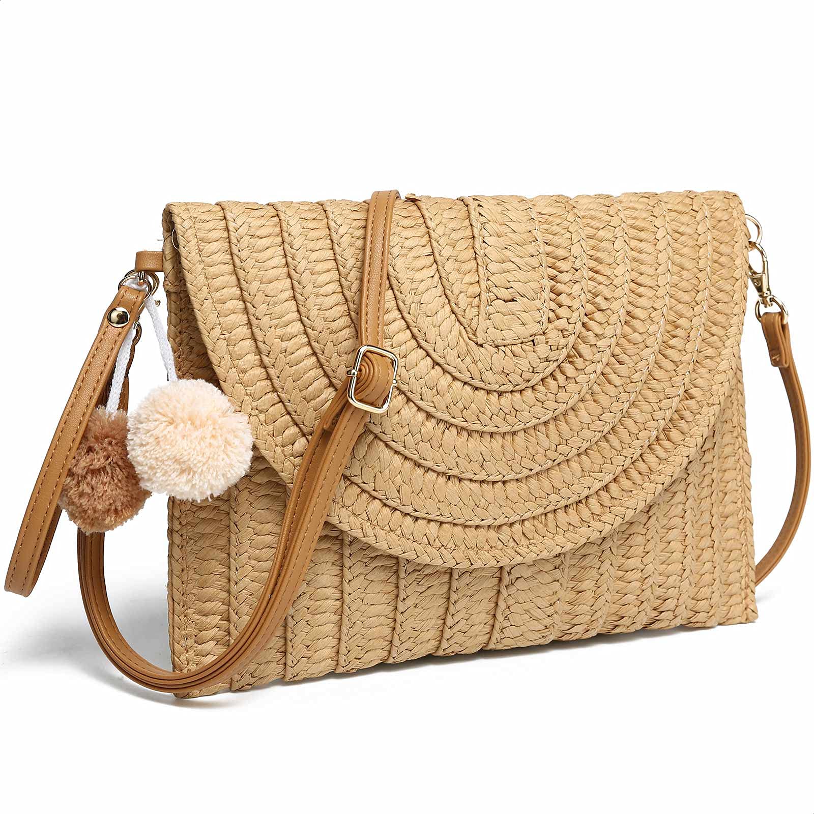 YIKOEE Straw Purse for Women Summer Beach Woven Bag With PomPom (Khaki)