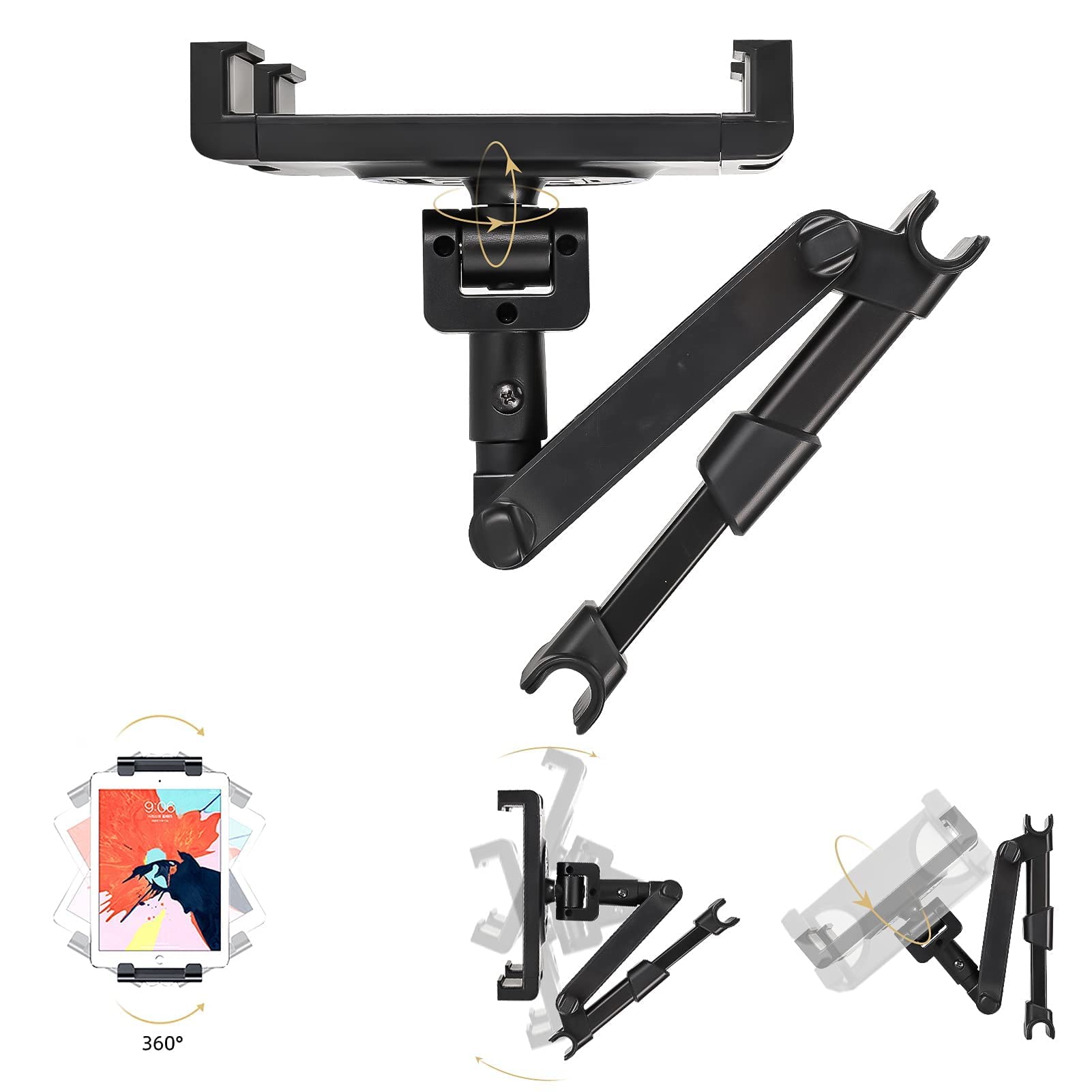 Tablet Holder for Car with 10 Inch Retractable Arm, 360° Rotating Ipad Holder for Car Back Seat, Compatible with iPad Pro Air Mini, Galaxy Tabs, Other 4.7-11" Cell Phones and Tablets