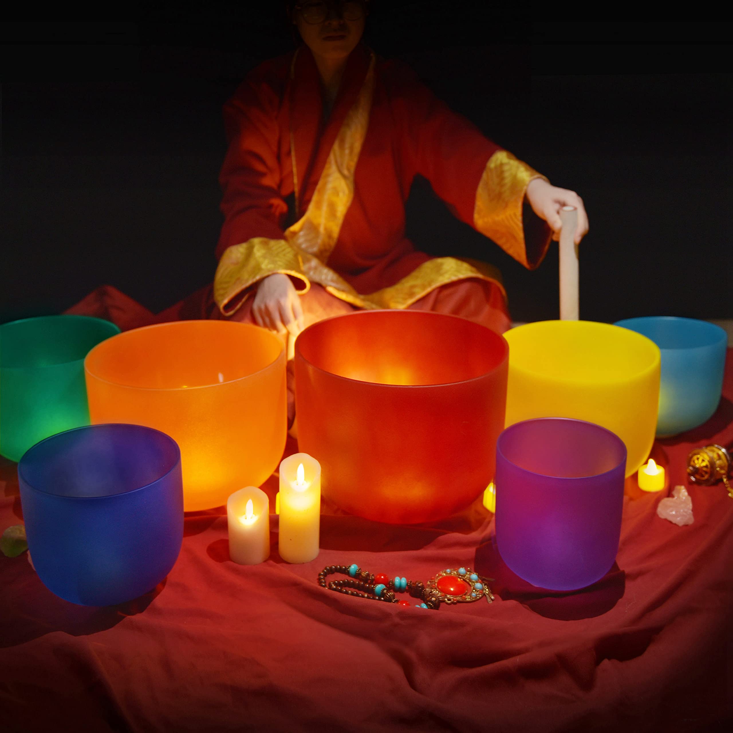 SITSANG Chakra Set of 7 Color Crystal Singing Bowls 6-12 inch with Artificial Leather Carrying Cases and Singing Bowl Suede Striker and Rubber Mallet