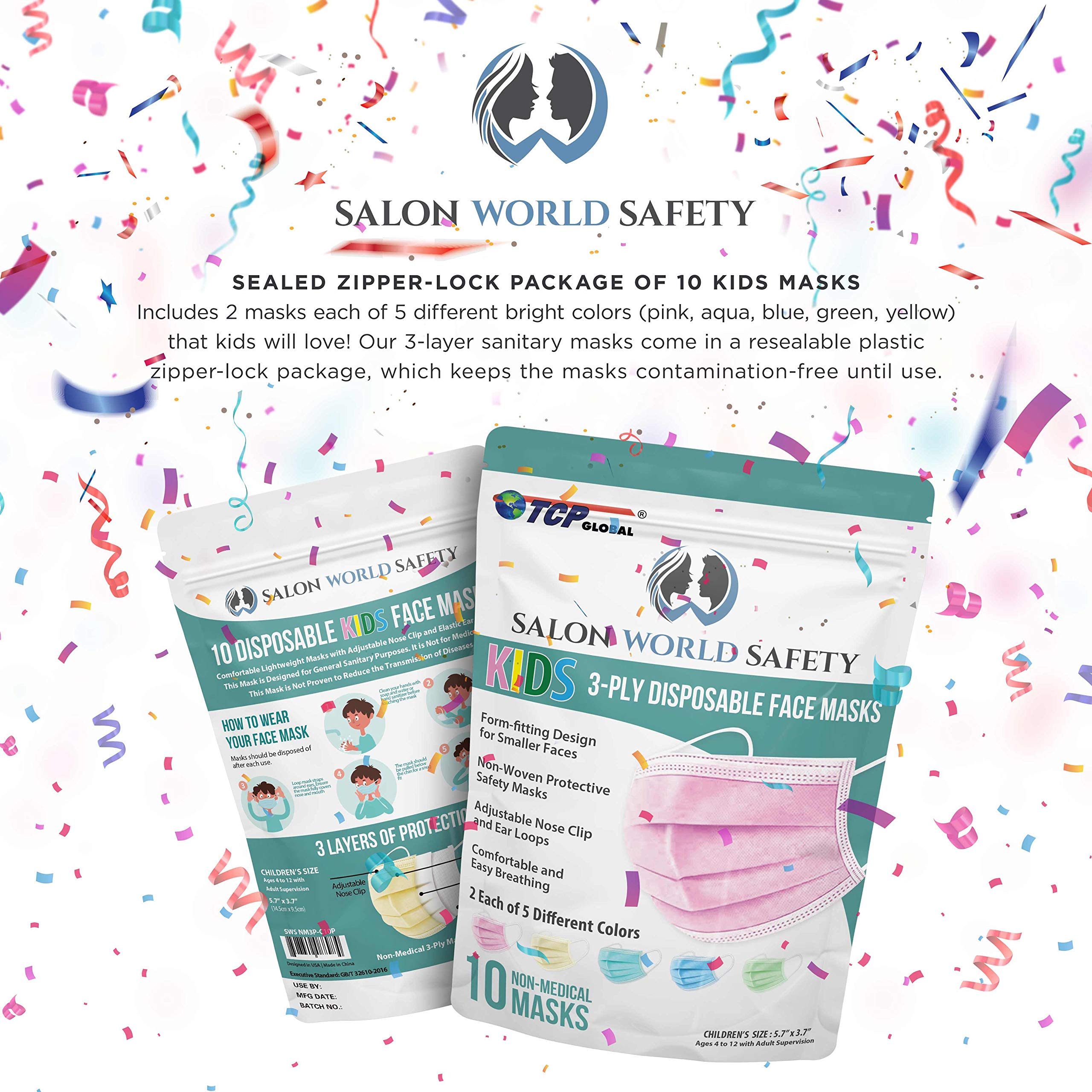 TCP Global Salon World Safety - Kids Face Masks 500 Pk 3-Ply Protective PPE (5 Colors, 100 Each)