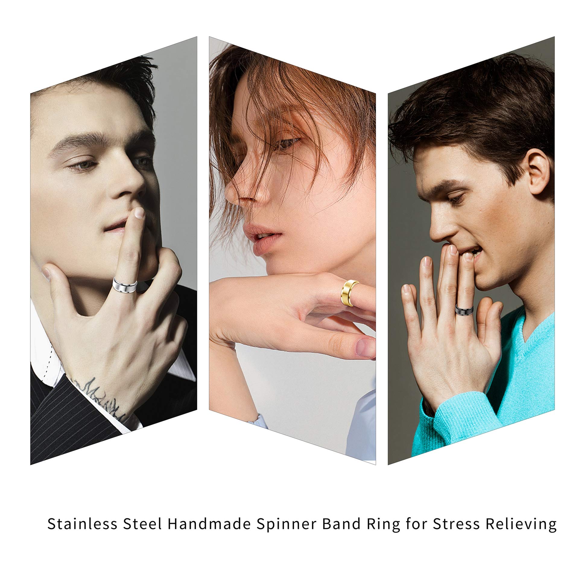 YADOCA 3 Pcs Stainless Steel Fidget Band Rings for Men Women Spinner Ring Set for Wedding Promise Silver Gold Black Tone Size 6