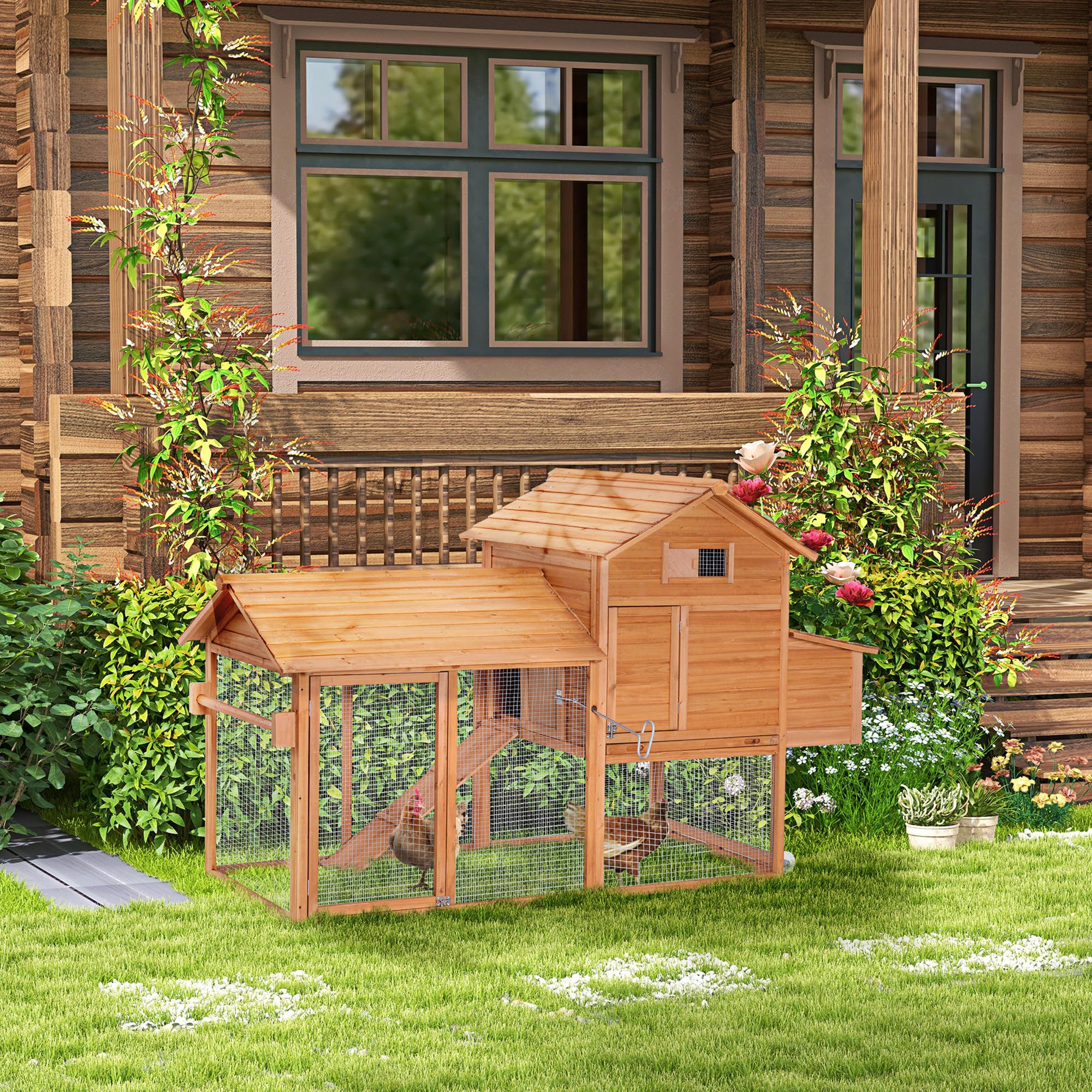 PawHut 83” Wooden Portable Backyard Chicken Coop With Fenced Run And Wheels