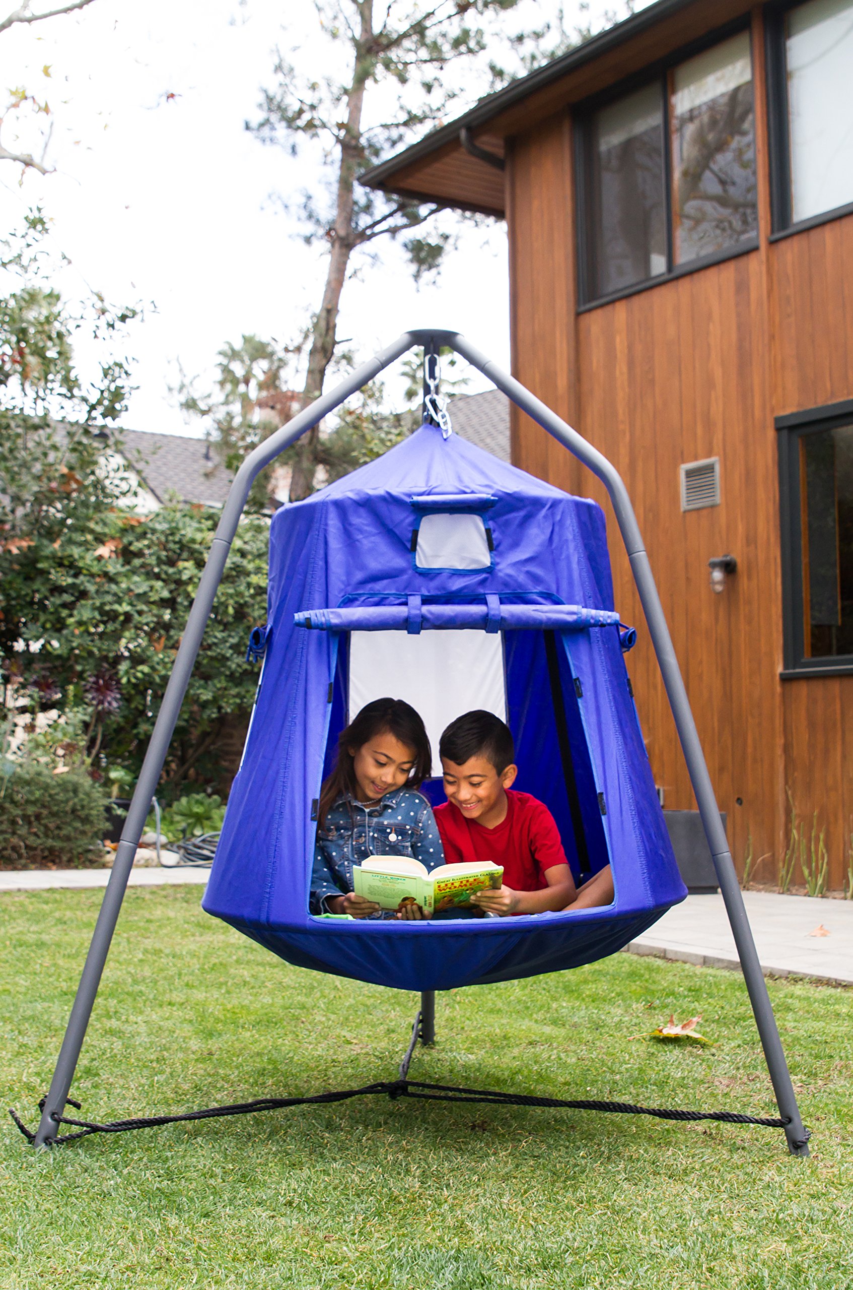 Sportspower BluPod Jr. Outdoor Small Hanging Tent Swing and Hammock, Blue