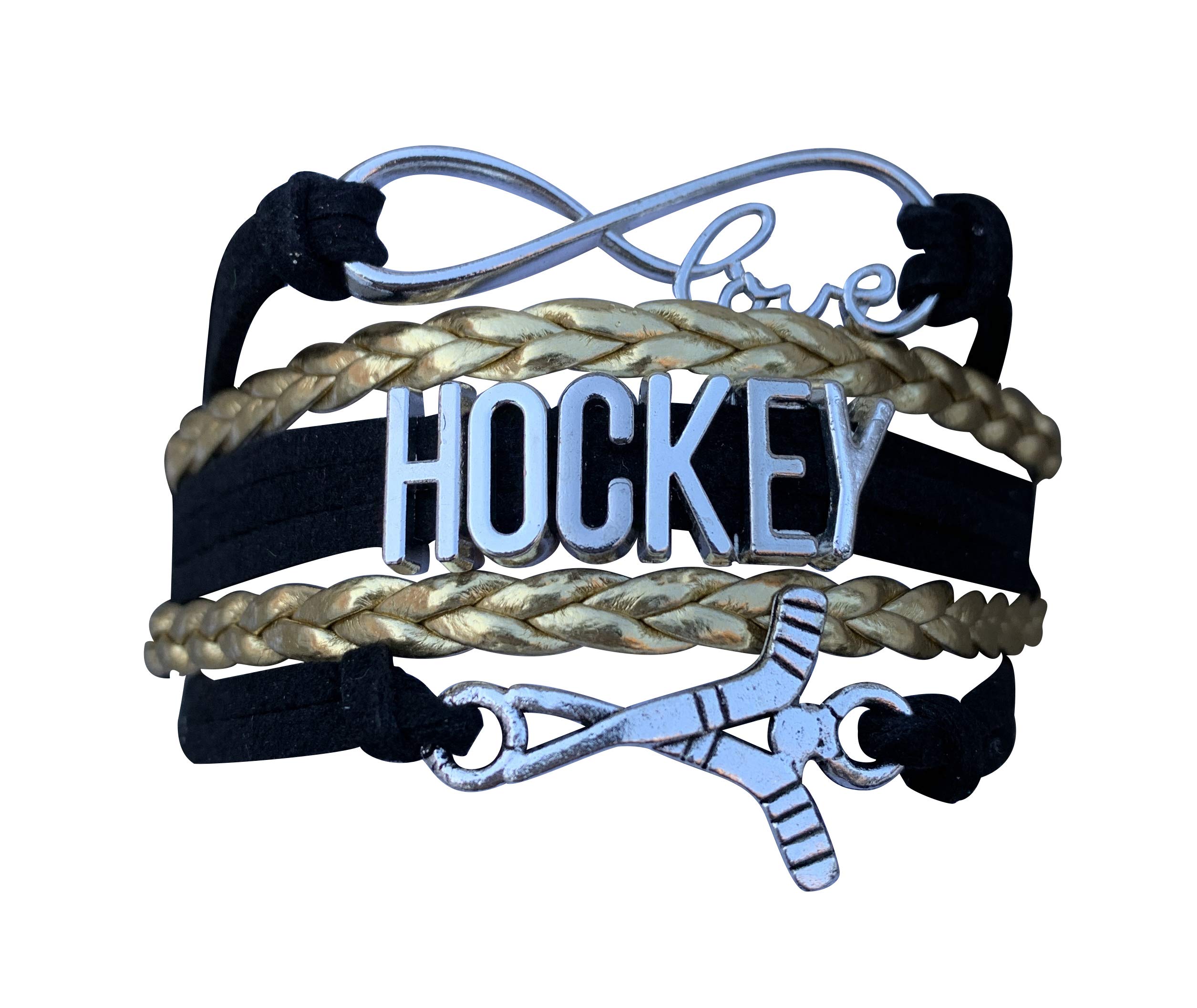 Sportybella Hockey Stick Charm Bracelet (Black/Gold) - Adjustable Bracelet for Women, Teens and Girls